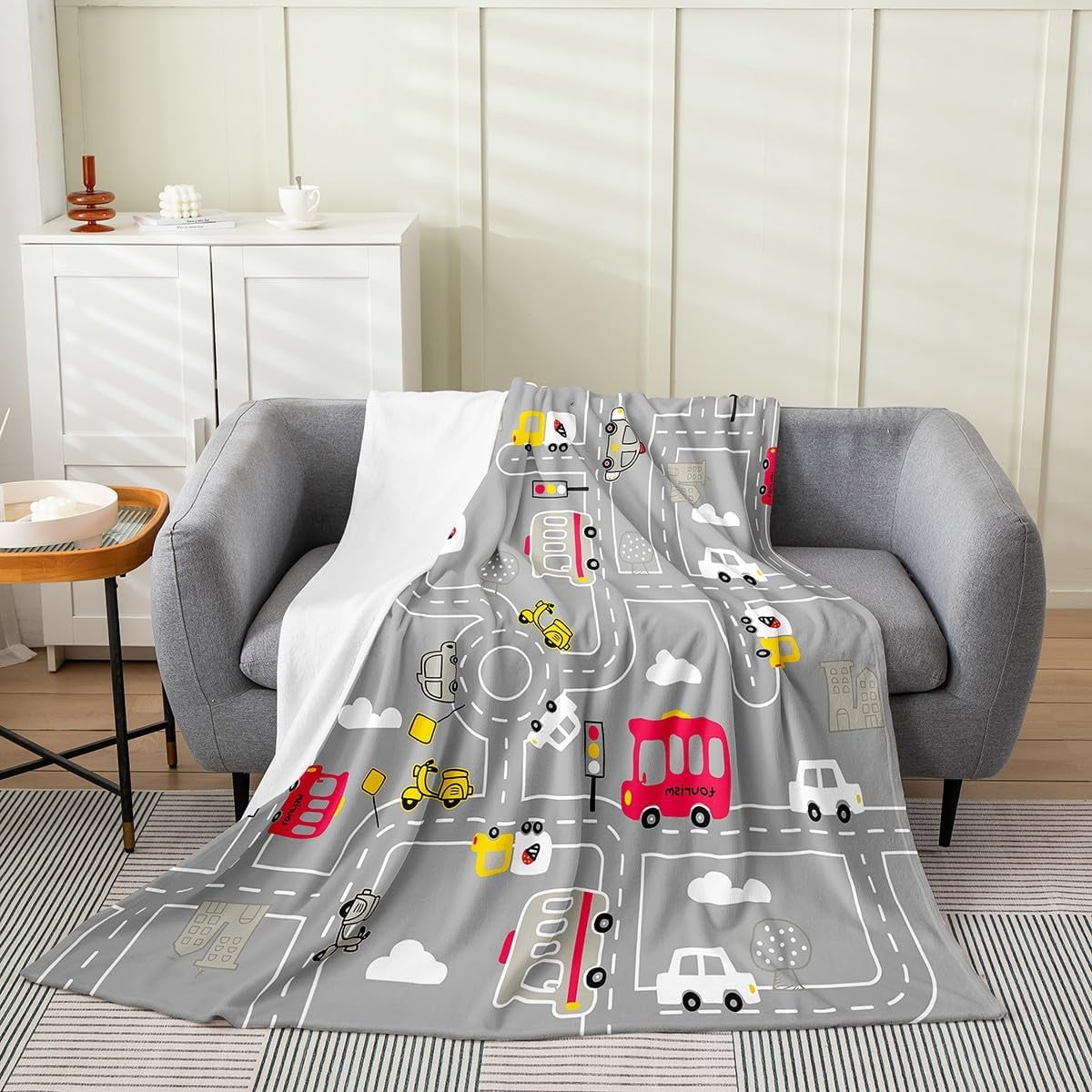 Cartoon City Map Plush Throw Blanket, Car Race Track Print All Season ...