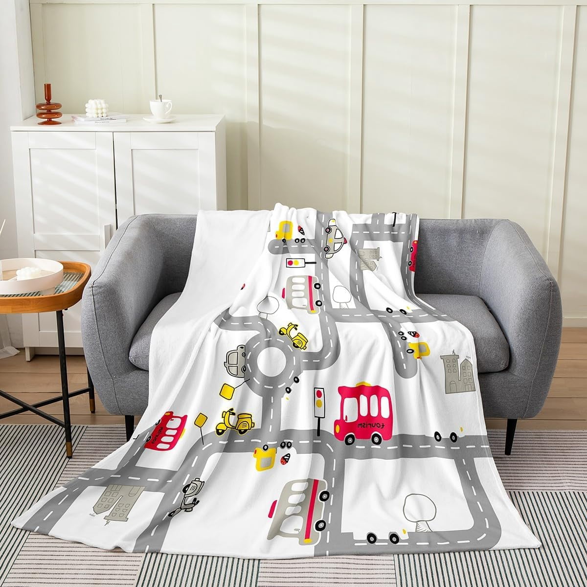 Cartoon City Map Plush Throw Blanket, Car Race Track Print All Season ...