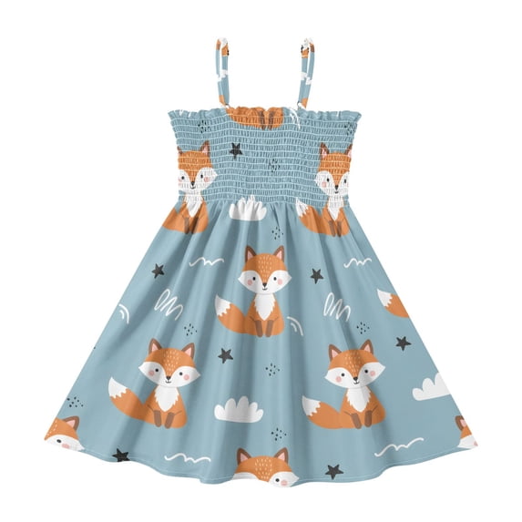 Cartoon Cloud Fox Pattern Girls' Casual Dresses 2Y-8Y Sleeveless Ruffle ...