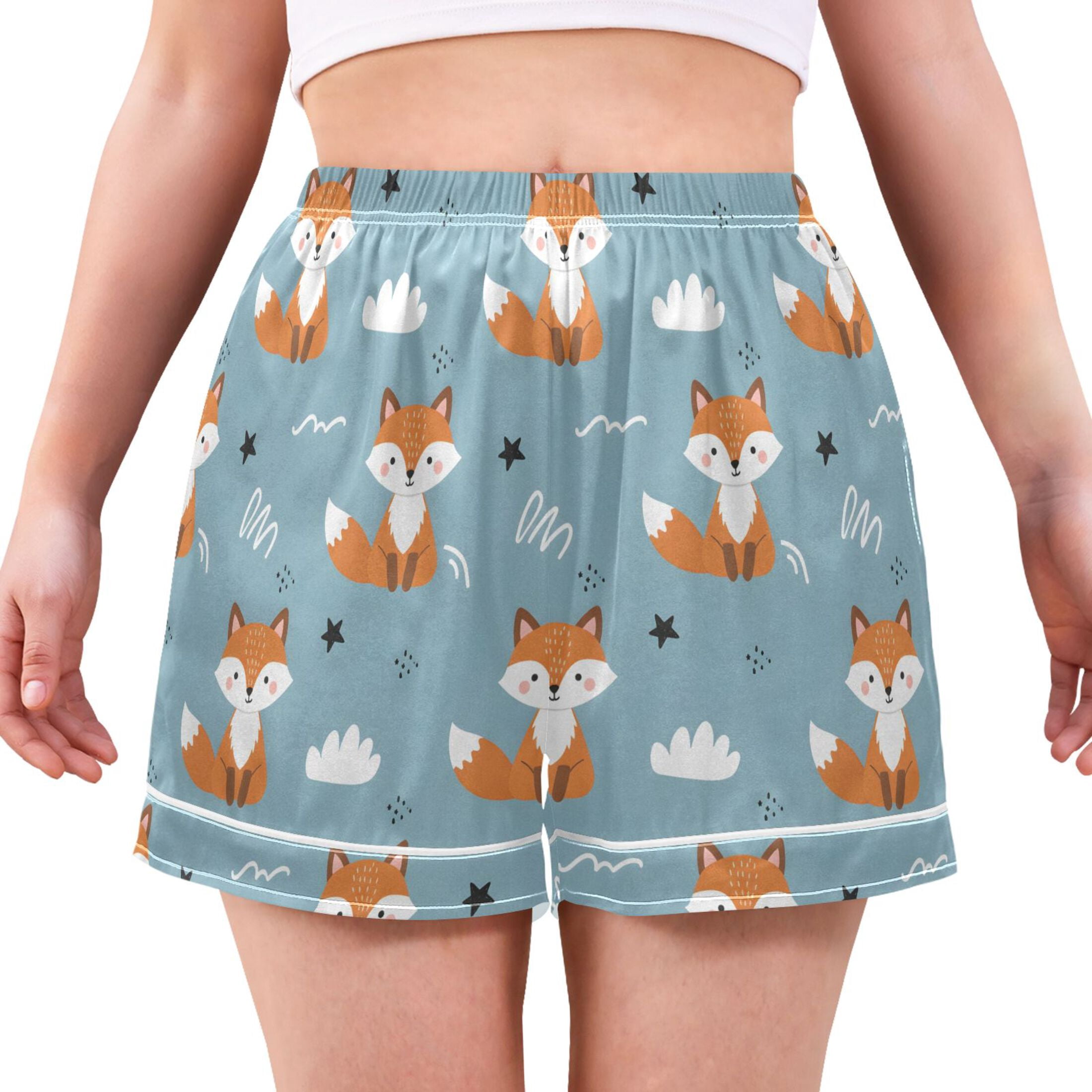Cartoon Cloud Fox Pattern Women's Pajama Shorts Silky Satin Casual ...