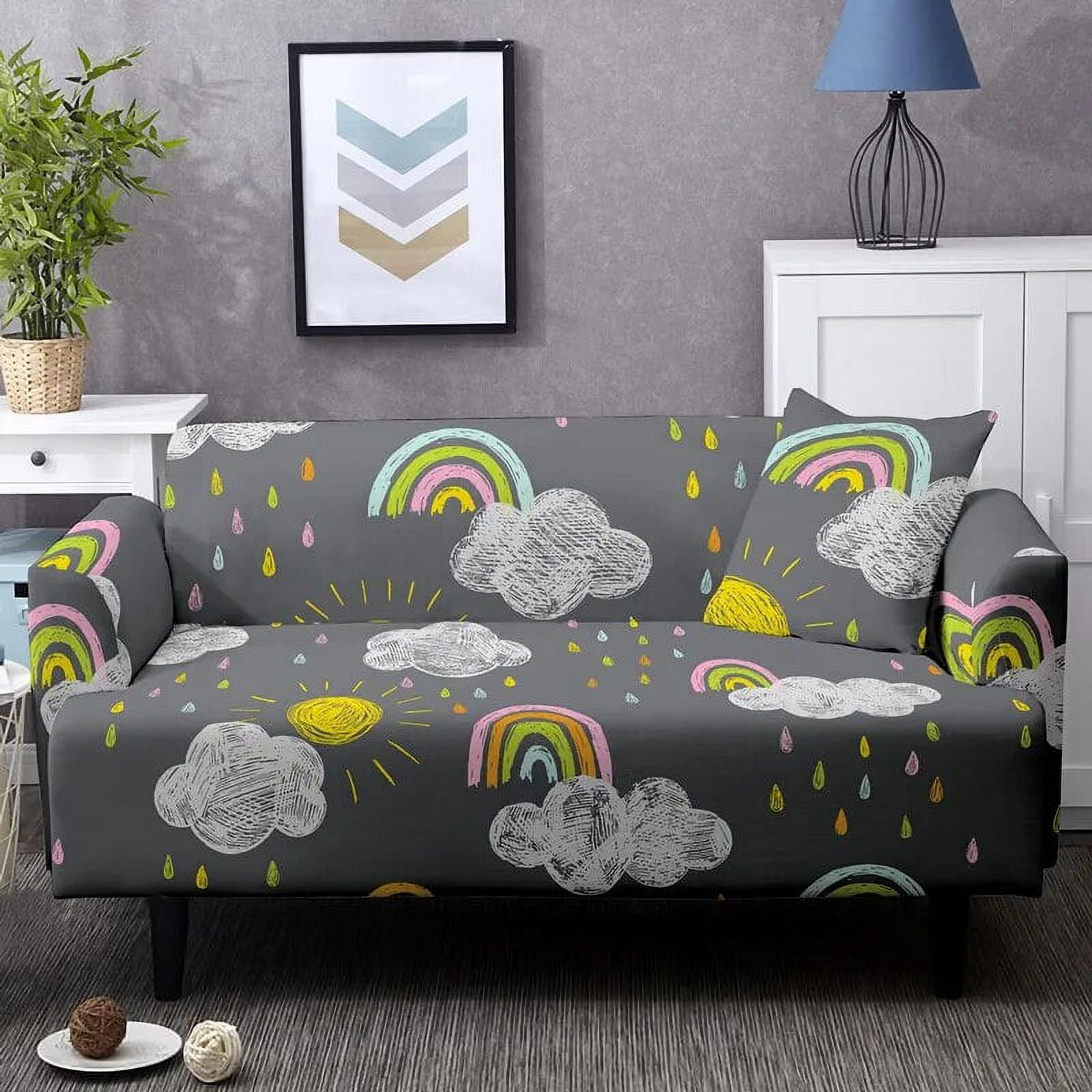 Cartoon Clouds And Raindrops Elastic Sofa Cover Washable 1/2/3/4 Seater ...