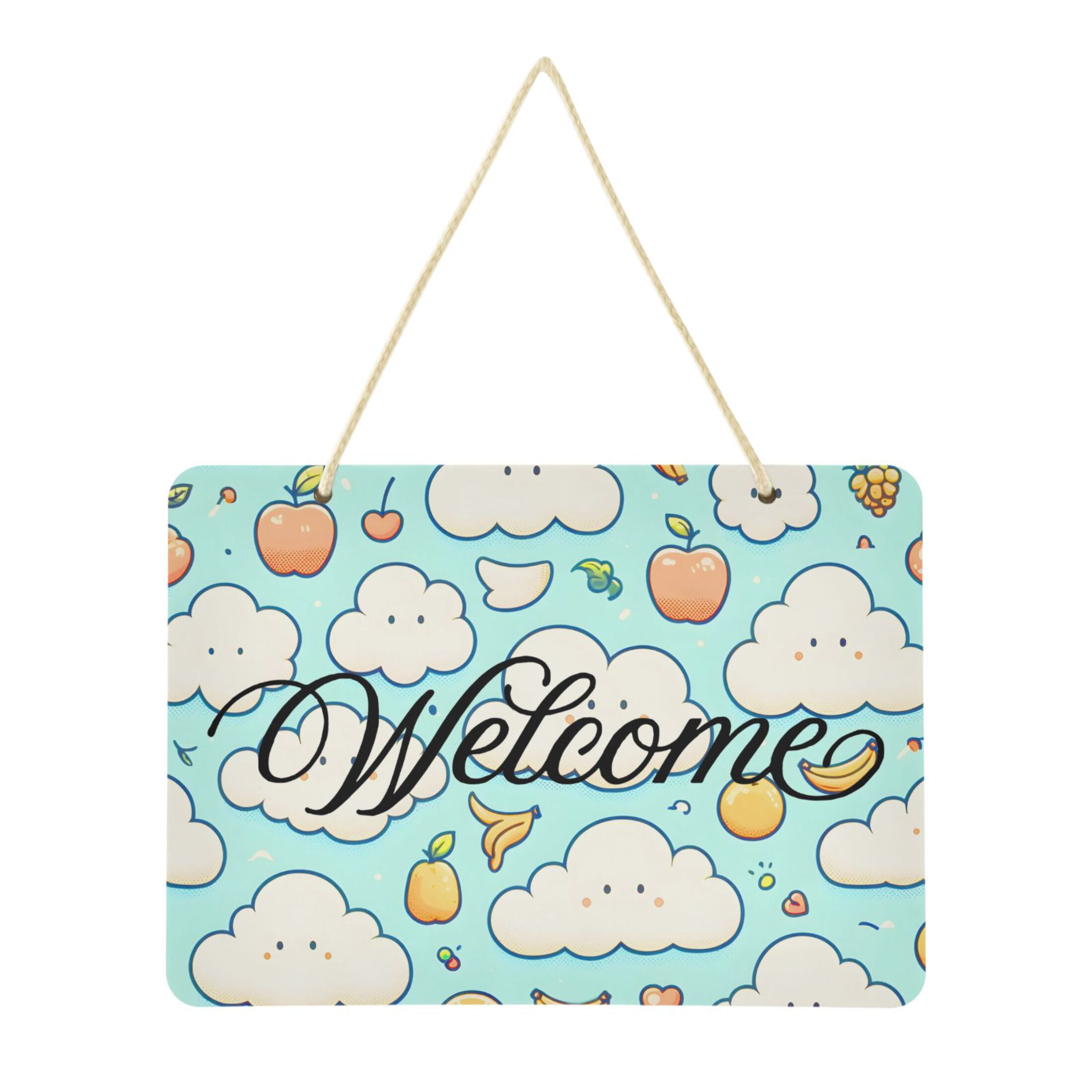 Cartoon Clouds Fruits Welcome Sign Front Door PVC 14x10 inch Hanger ...
