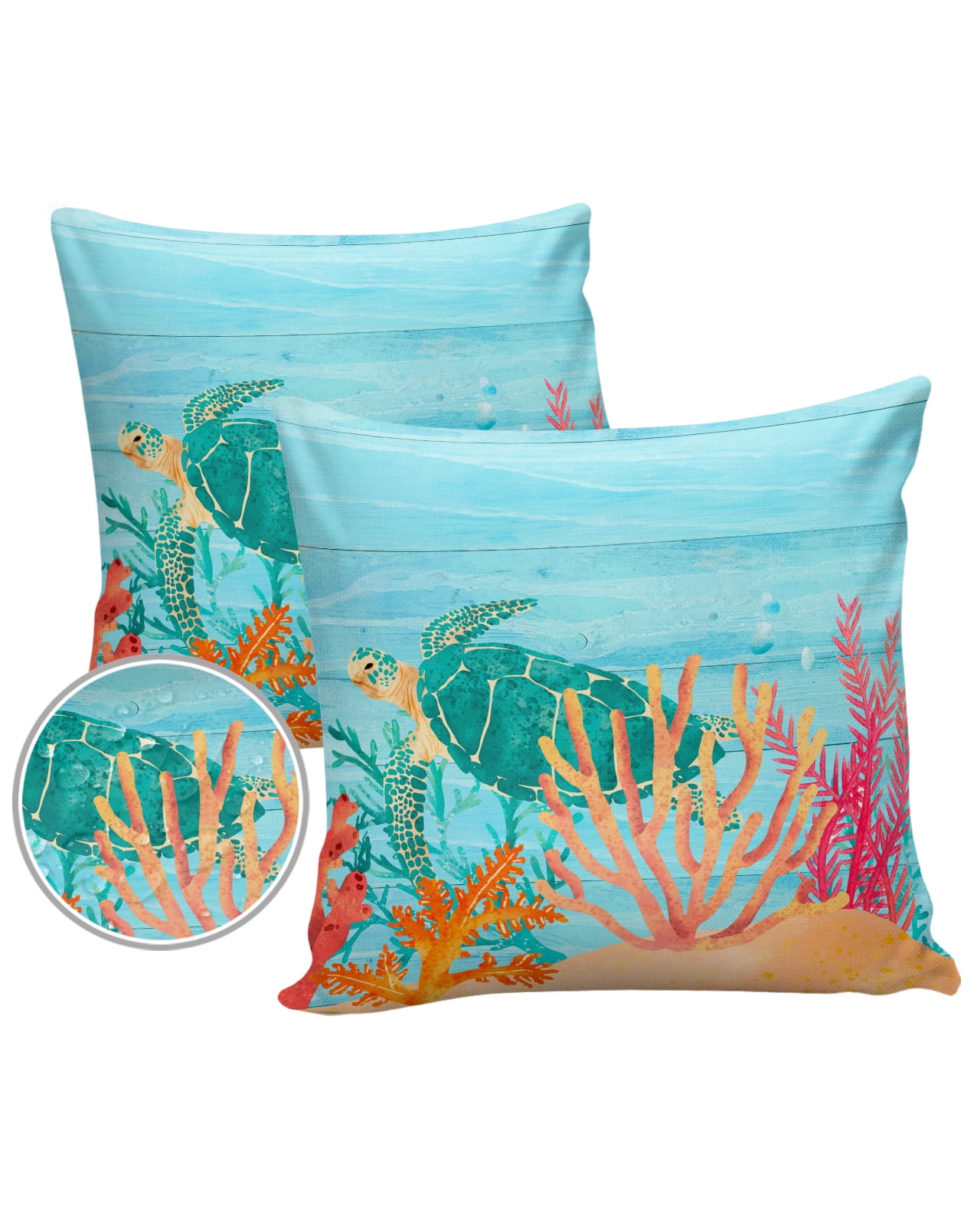 Cartoon Coastal Ocean Sea Turtle Coral Outdoor Pillow Covers Set of 2 ...