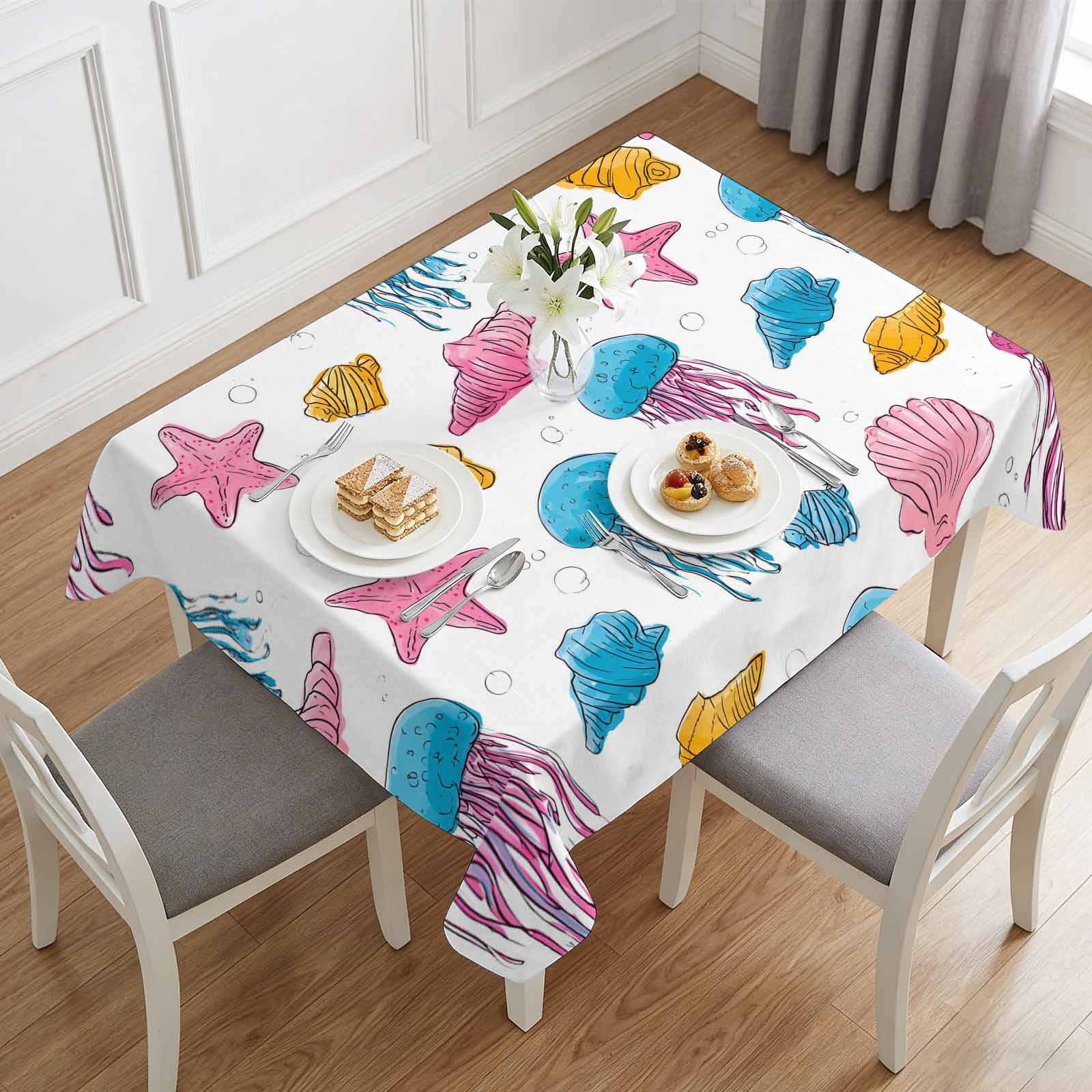 Cartoon Coastal Starfish Jellyfish Table Cloth 60x84in, Waterproof ...