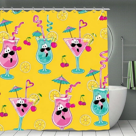 Cartoon Cocktail Cherry Lemon Pattern Print Shower Curtain 70.8×70 ...