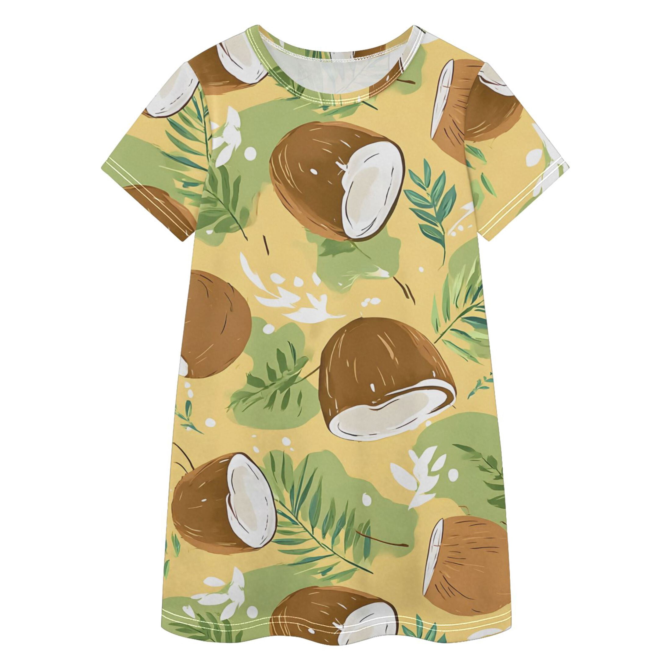 Cartoon Coconut Leaves Pattern Girls' Casual Dresses Short Sleeve ...