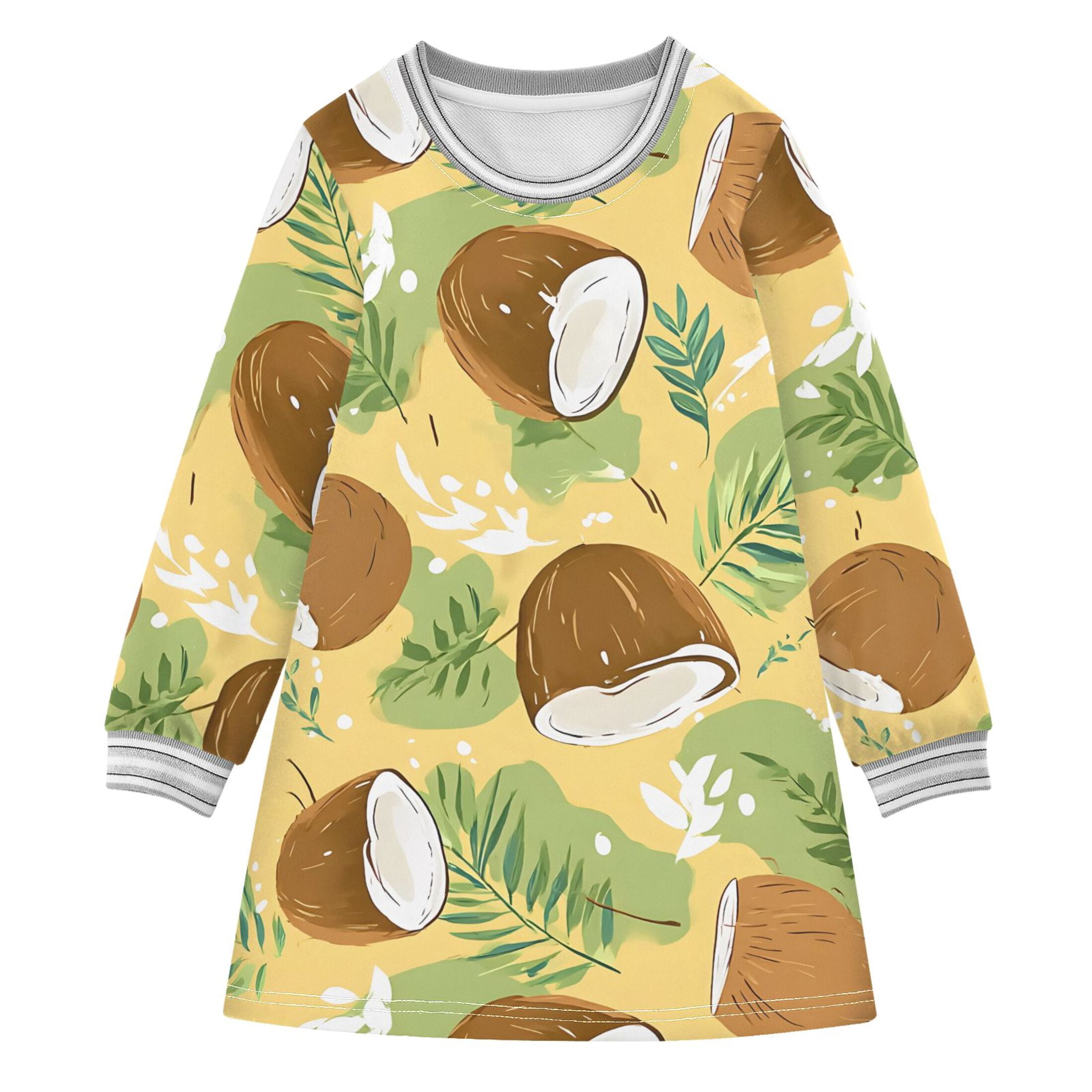 Cartoon Coconut Leaves Pattern Girls'long-sleeved dress Thickened A ...