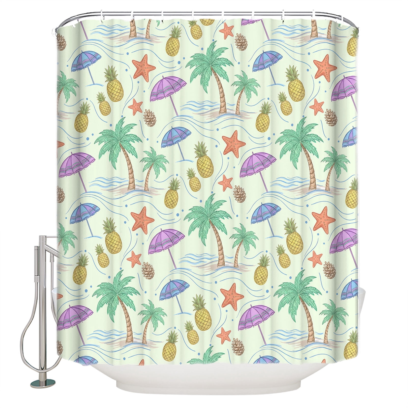 Cartoon Coconut Trees Bathroom Shower Curtains with 12 Hooks Waterproof ...