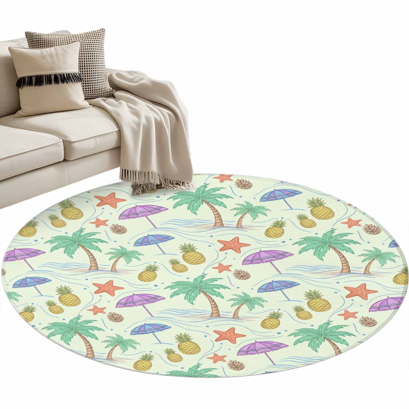 Cartoon Coconut Trees Round Rug 3.3ft Washable Circle Entryway Rugs Non ...