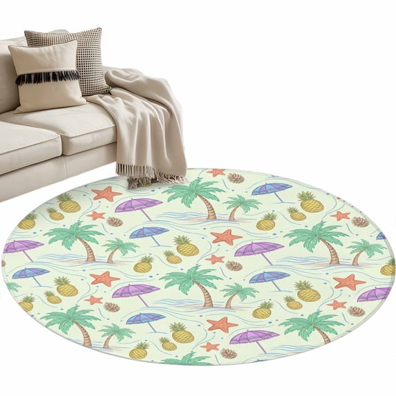 Cartoon Coconut Trees Round Rug 3.3ft Washable Circle Entryway Rugs Non ...