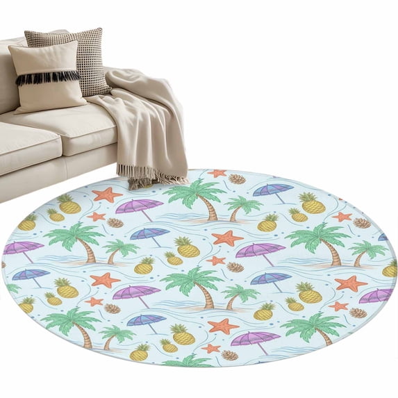 Cartoon Coconut Trees Round Rug 3ft Washable Circle Entryway Rugs Non ...