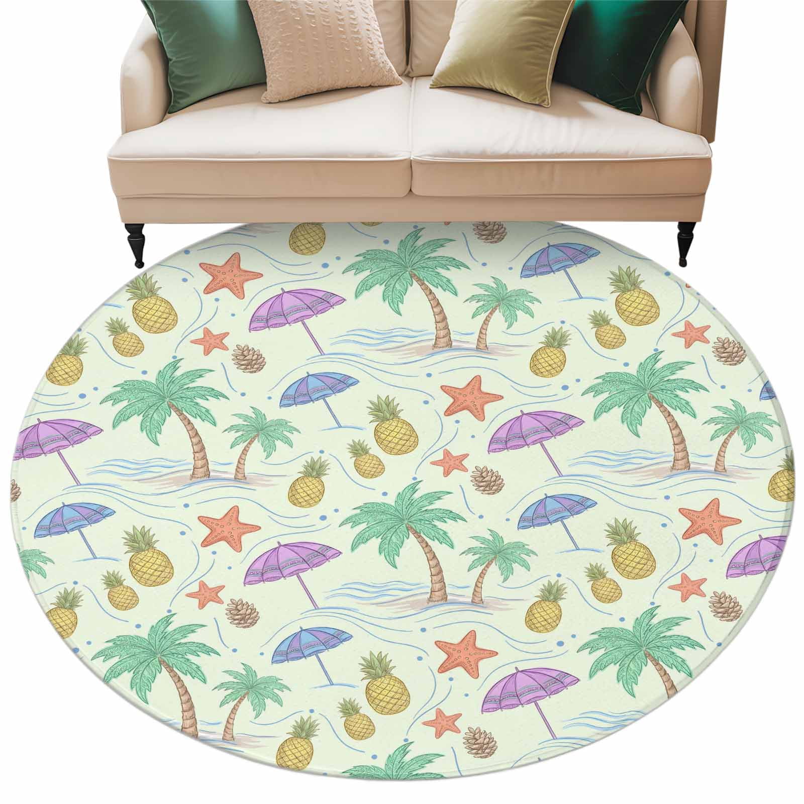 Cartoon Coconut Trees Round Rug 8ft Washable Circle Rugs Non Slip ...