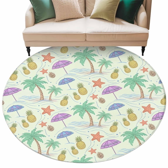 Cartoon Coconut Trees Round Rug 8ft Washable Circle Rugs Non Slip ...