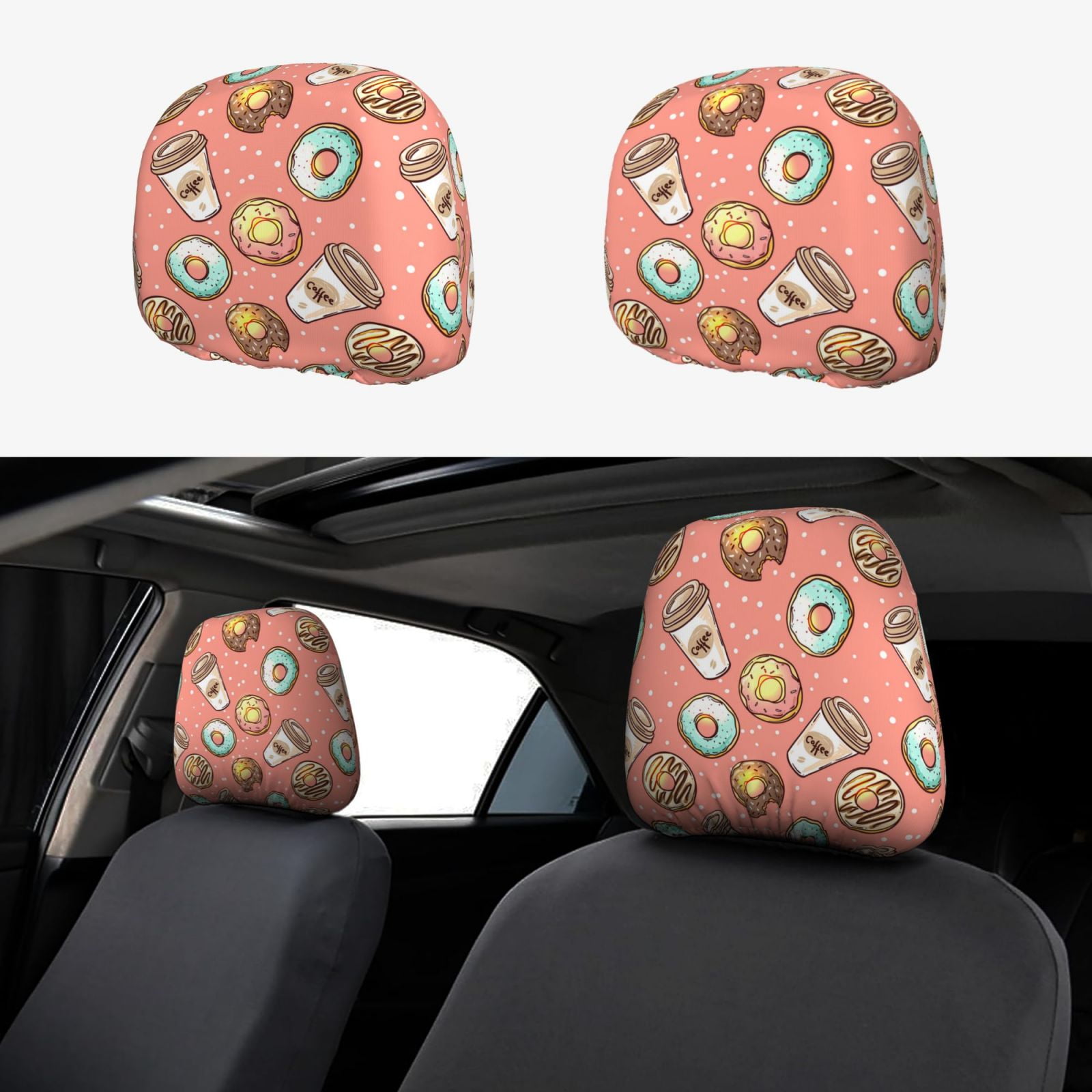Cartoon Coffee Donut Print Headrest Cover for Cars, 2Pack Car Headrest ...