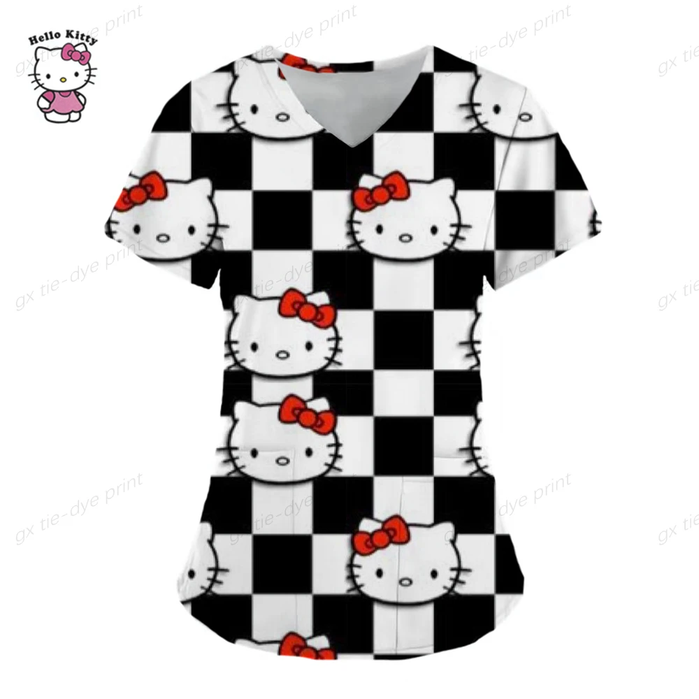 Cartoon Color Blocking Hello Kitty Printed Nurse Scrubs Women Nurse Uniform V-neck Clinic ...