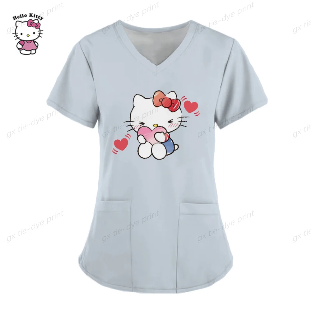 Cartoon Color Blocking Hello Kitty Printed Nurse Scrubs Women Nurse Uniform V-neck Clinic ...