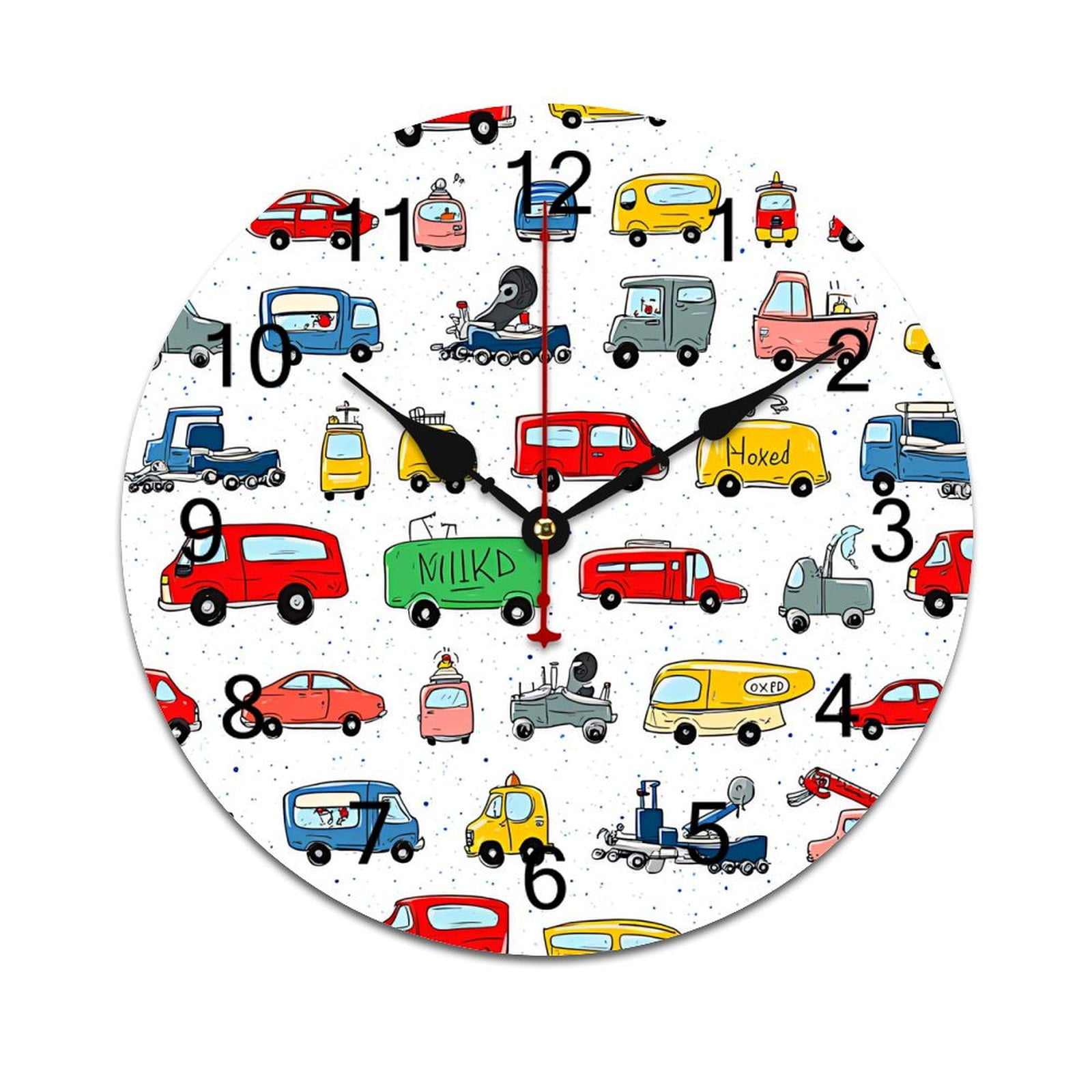 Cartoon Colorful Camper Vans Fire Trucks Bedroom Wall Clock Large ...