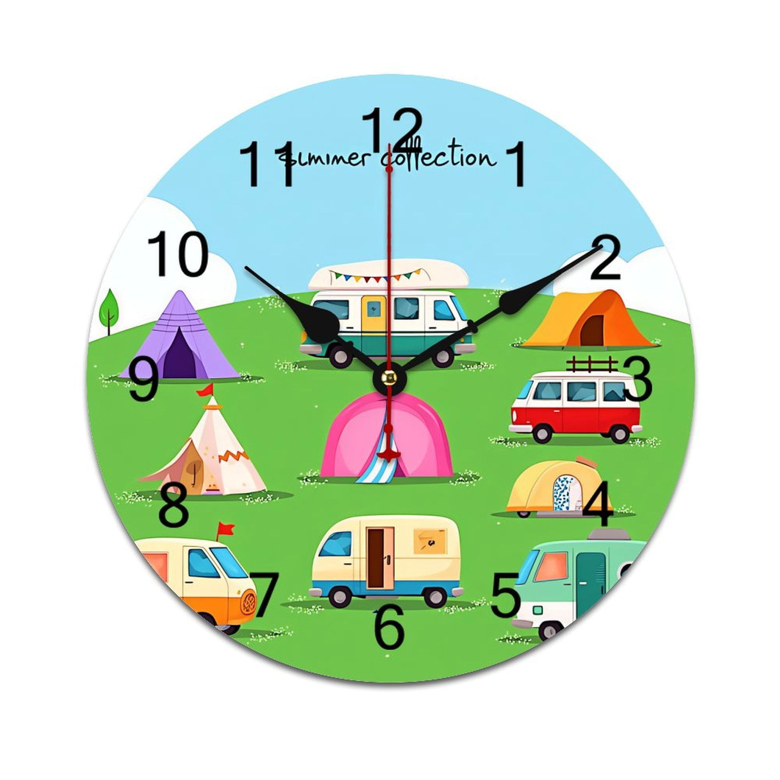 Cartoon Colorful Camper Vans Fire Trucks Printed Silent Wall Clock ...