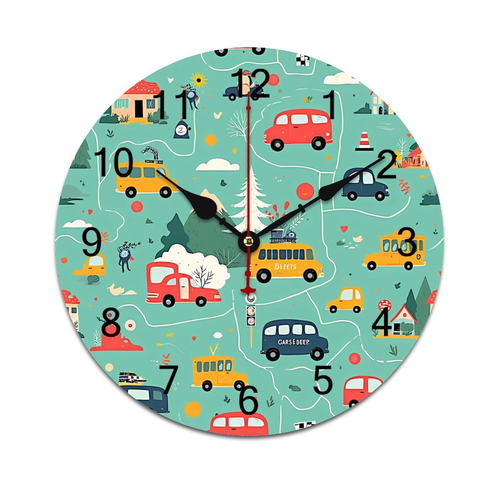 Cartoon Colorful Camper Vans Fire Trucks Printed Silent Wall Clock ...