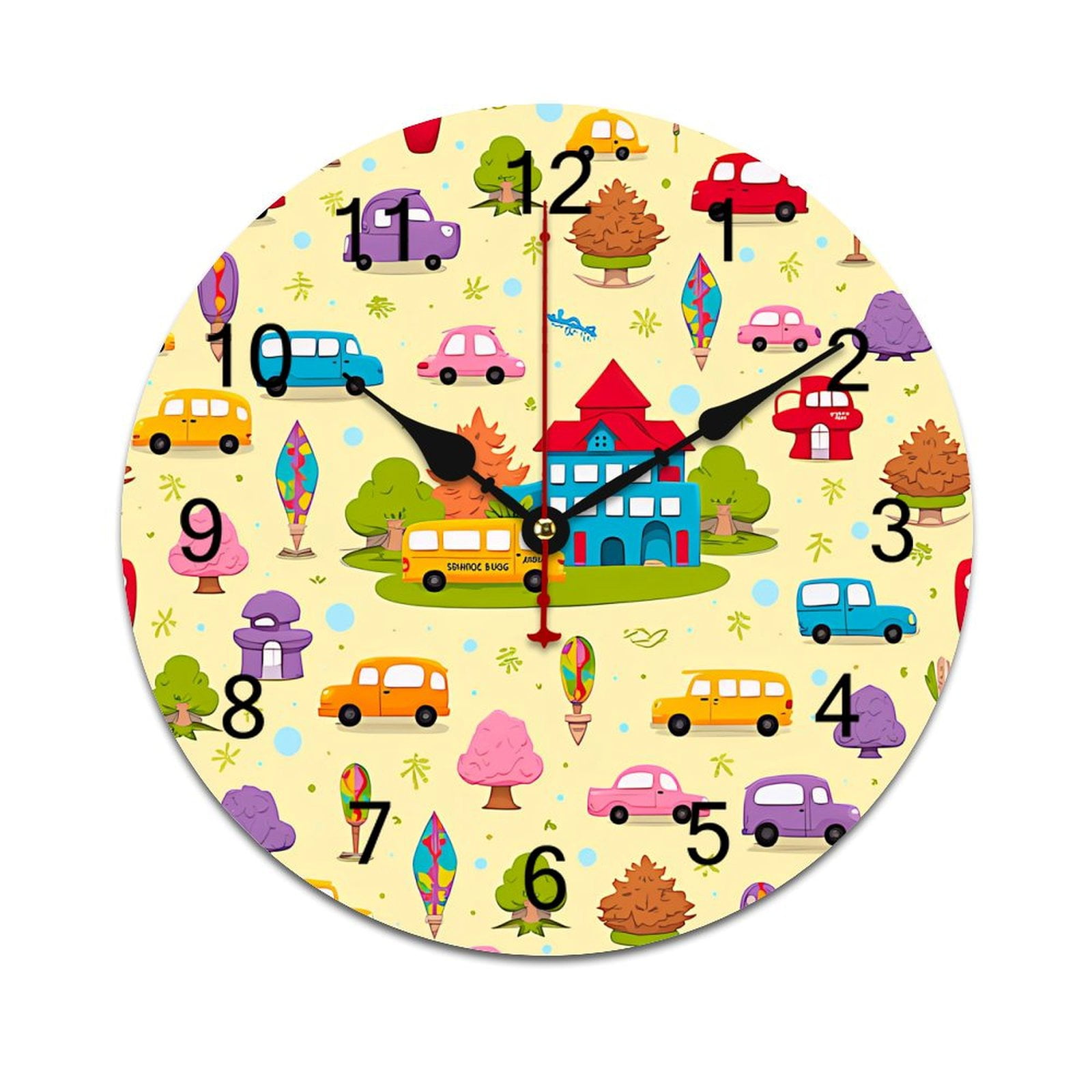 Cartoon Colorful Camper Vans Fire Trucks Printed Silent Wall Clock ...