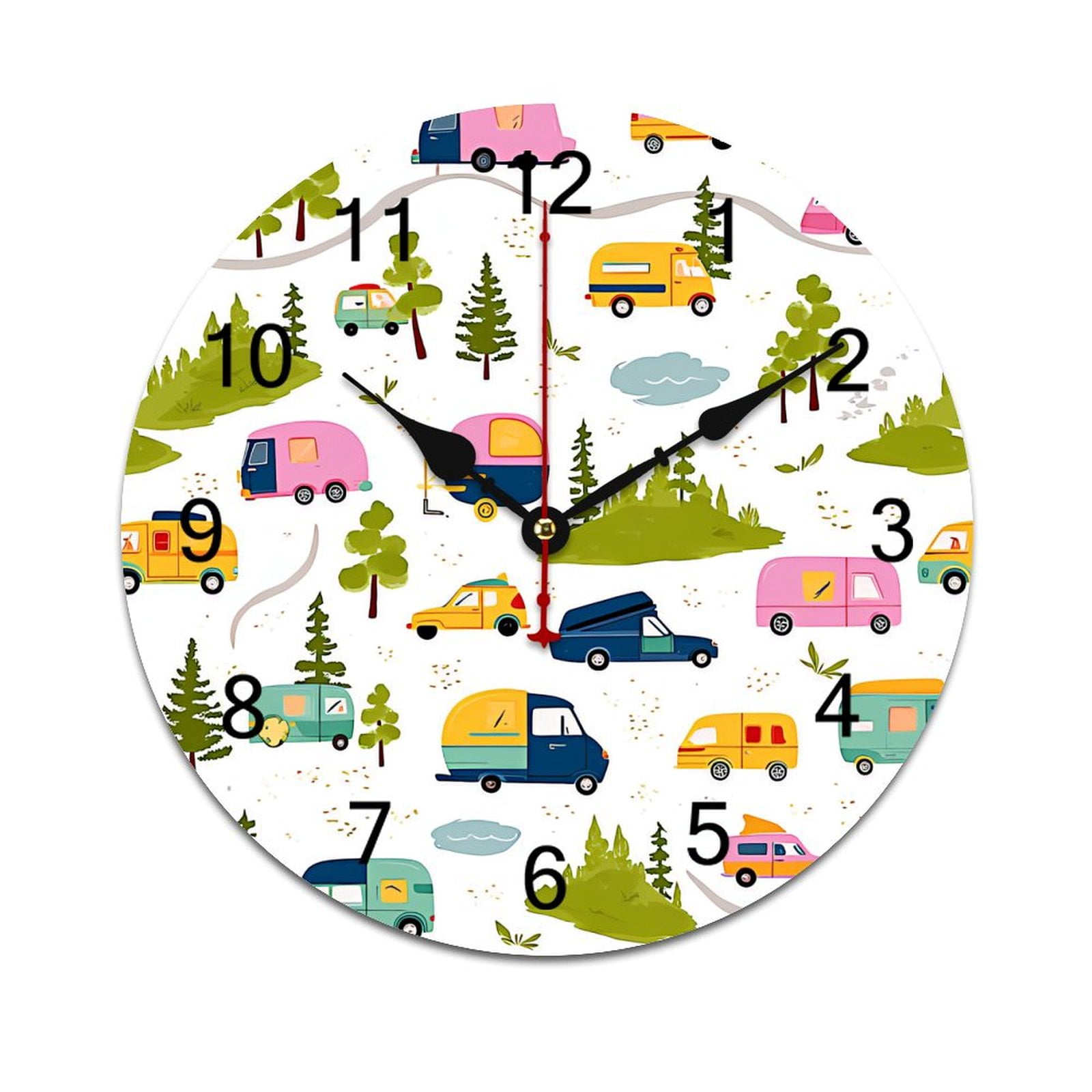 Cartoon Colorful Camper Vans Fire Trucks Printed Silent Wall Clock ...