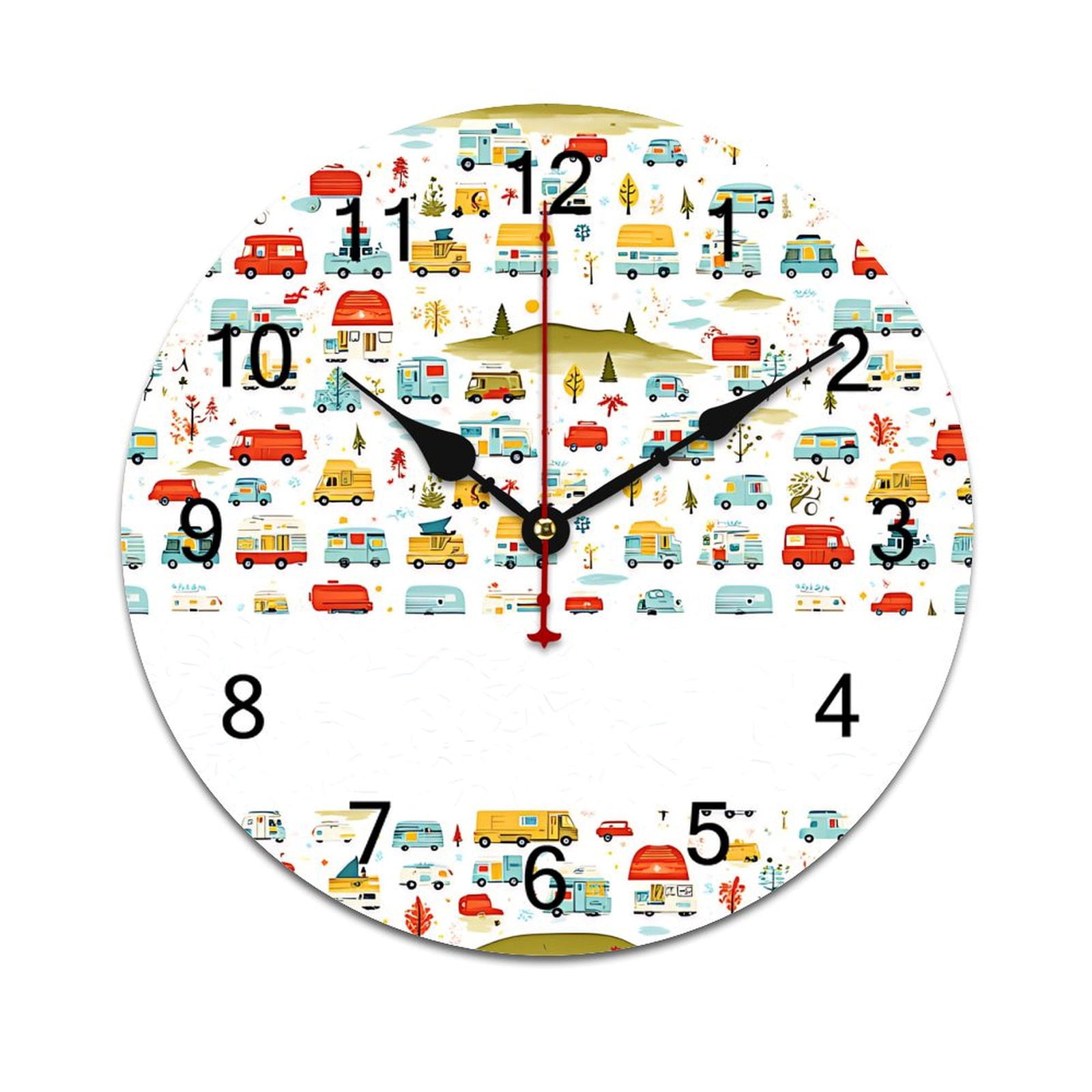 Cartoon Colorful Camper Vans Fire Trucks Printed Silent Wall Clock ...