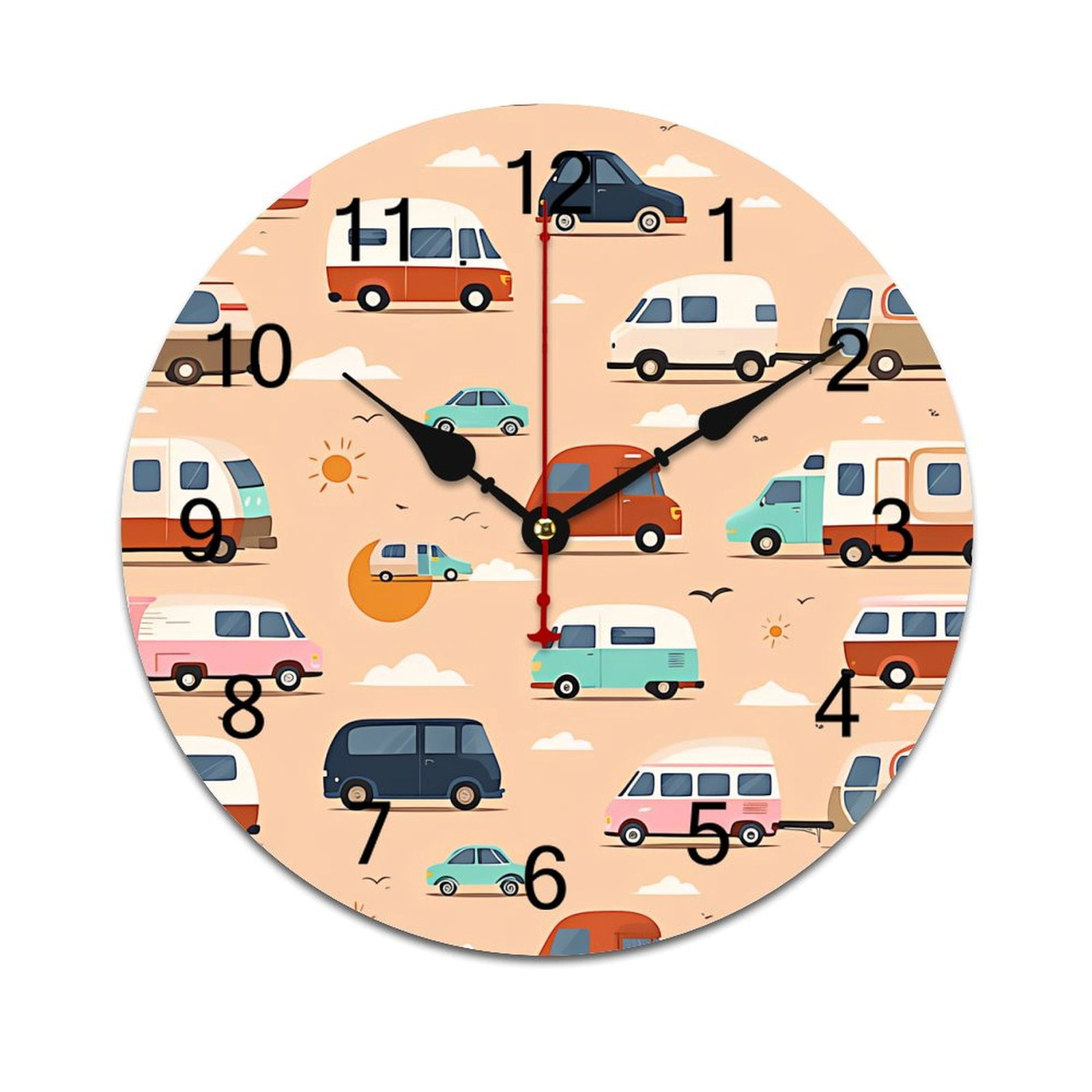 Cartoon Colorful Camper Vans Fire Trucks Printed Silent Wall Clock ...