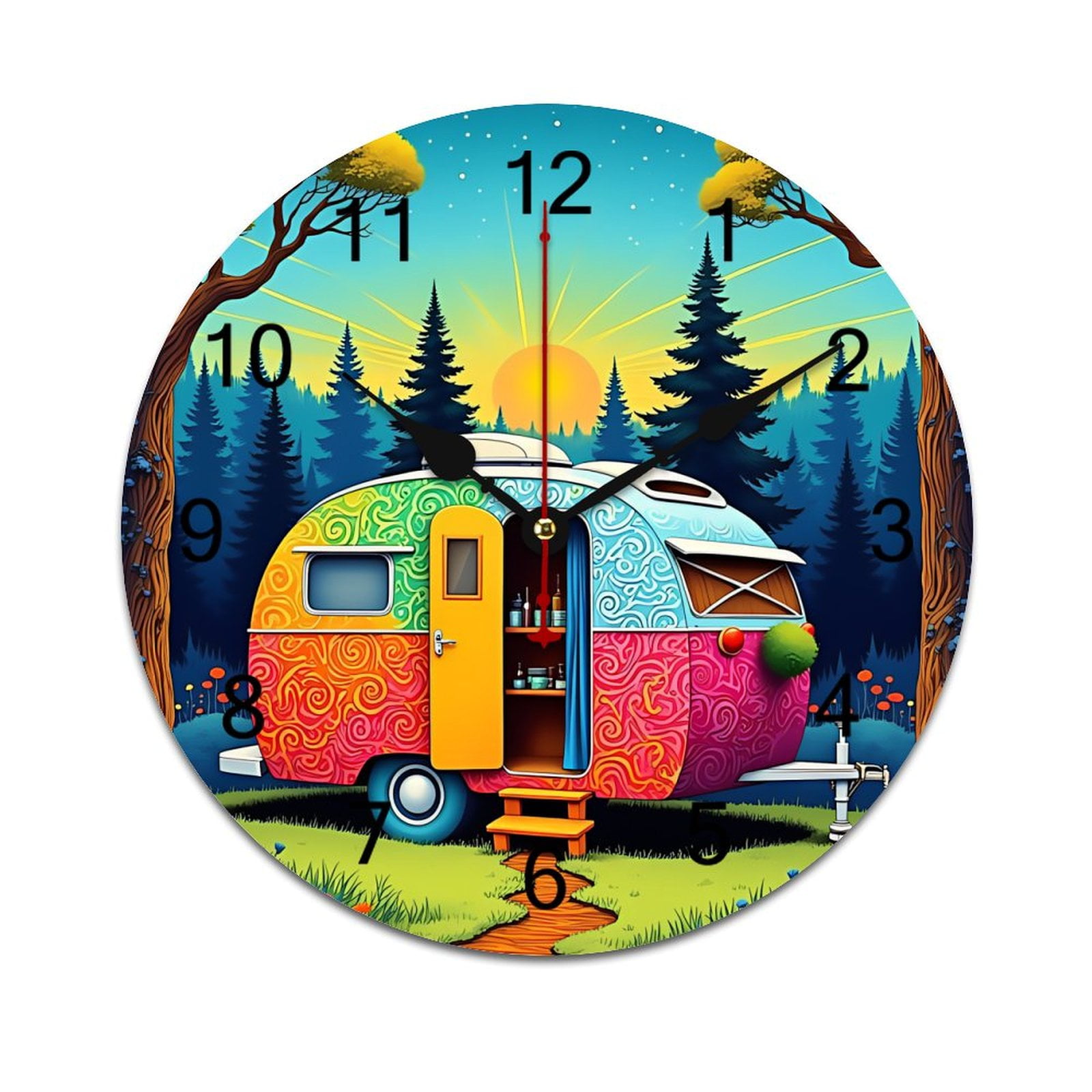 Cartoon Colorful Camper Vans Fire Trucks Printed Silent Wall Clock ...