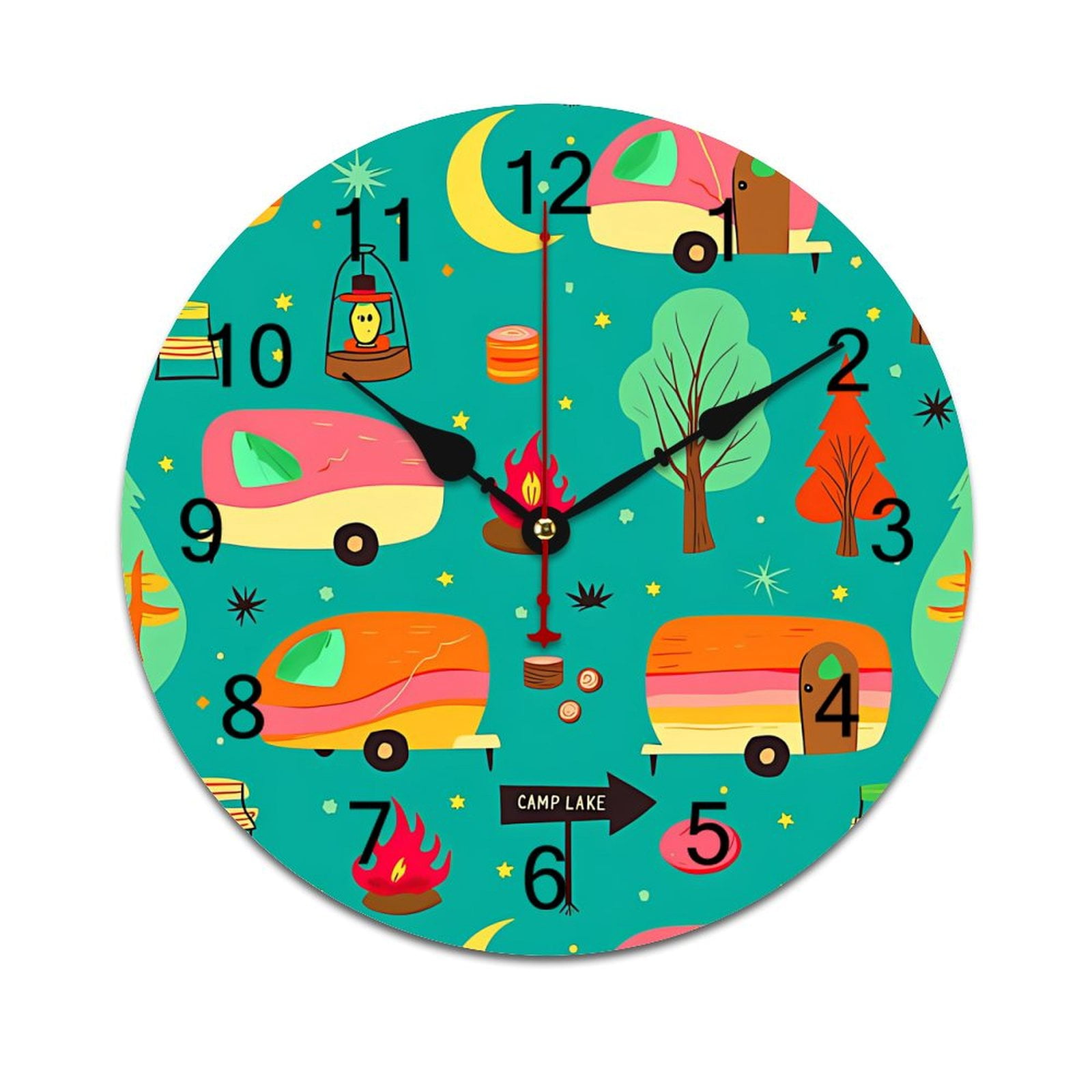 Cartoon Colorful Camper Vans Fire Trucks Printed Silent Wall Clock ...