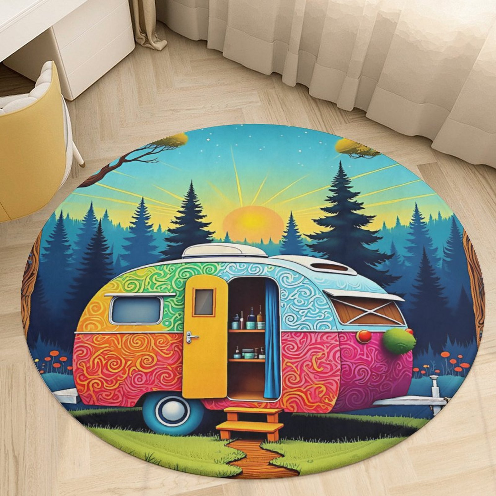 Cartoon Colorful Camper Vans Fire Trucks Round Area Rugs for Bedroom ...