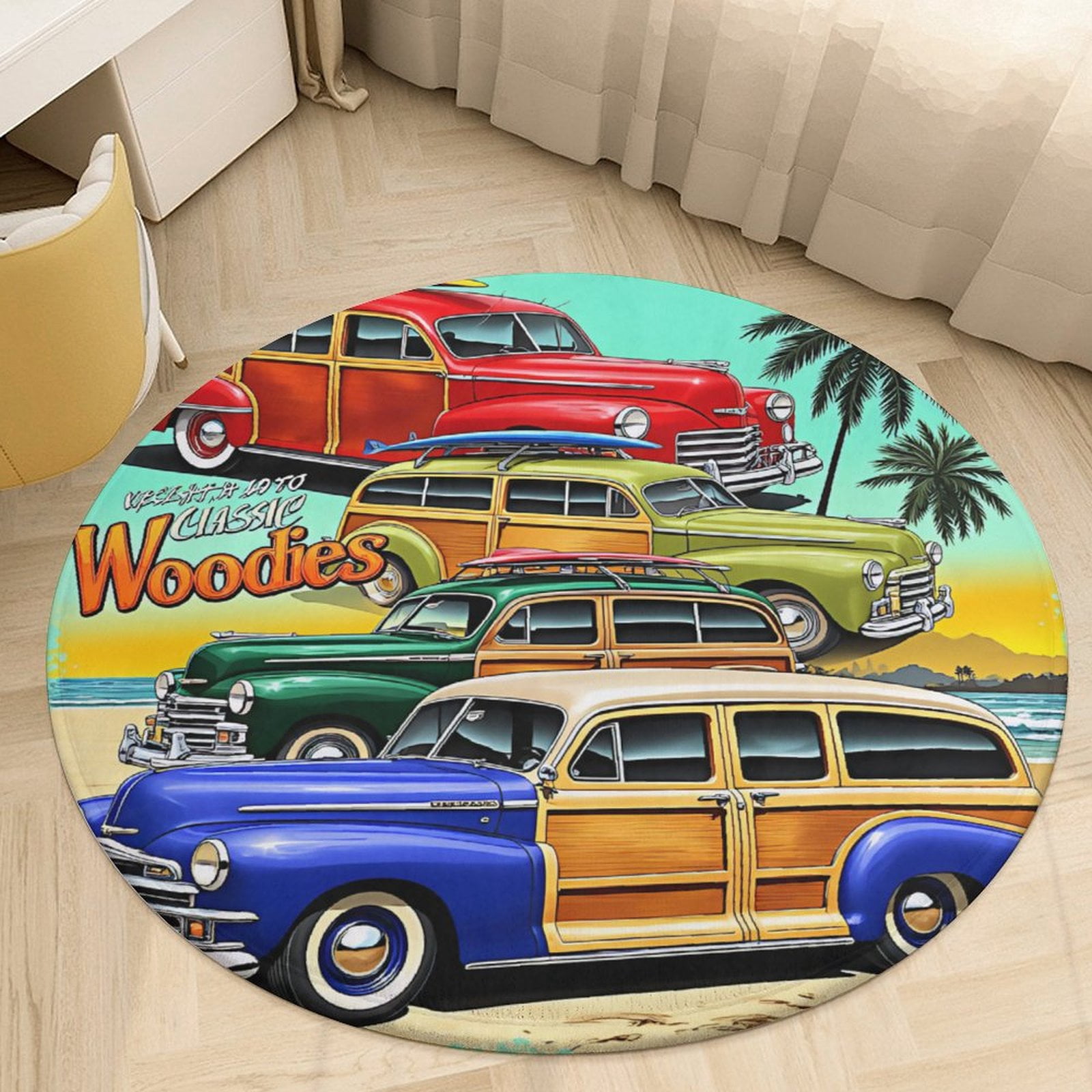 Cartoon Colorful Camper Vans Fire Trucks Round Area Rugs for Bedroom ...