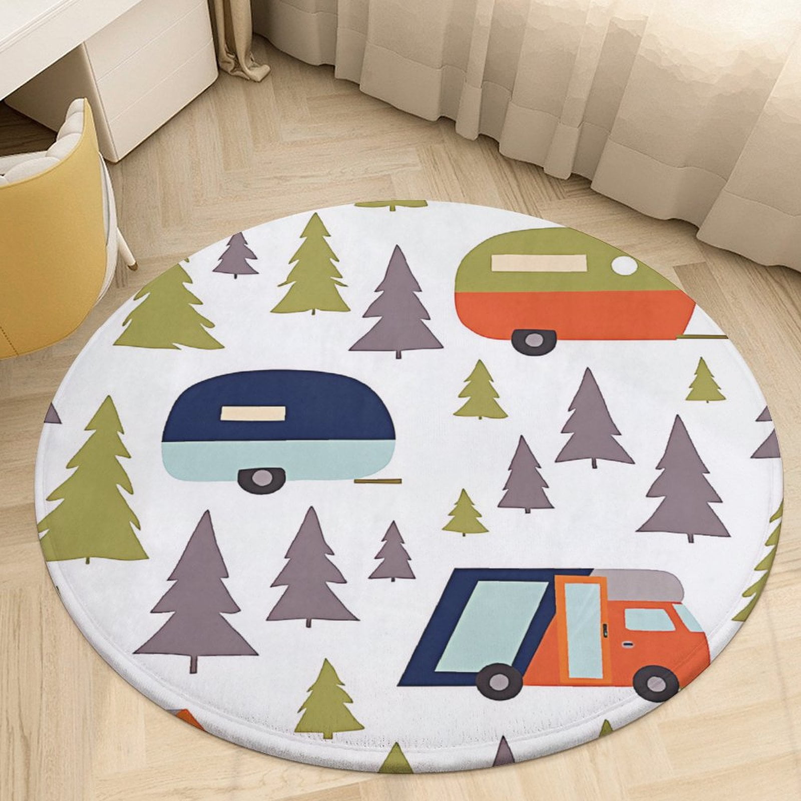 Cartoon Colorful Camper Vans Fire Trucks Round Area Rugs for Bedroom ...