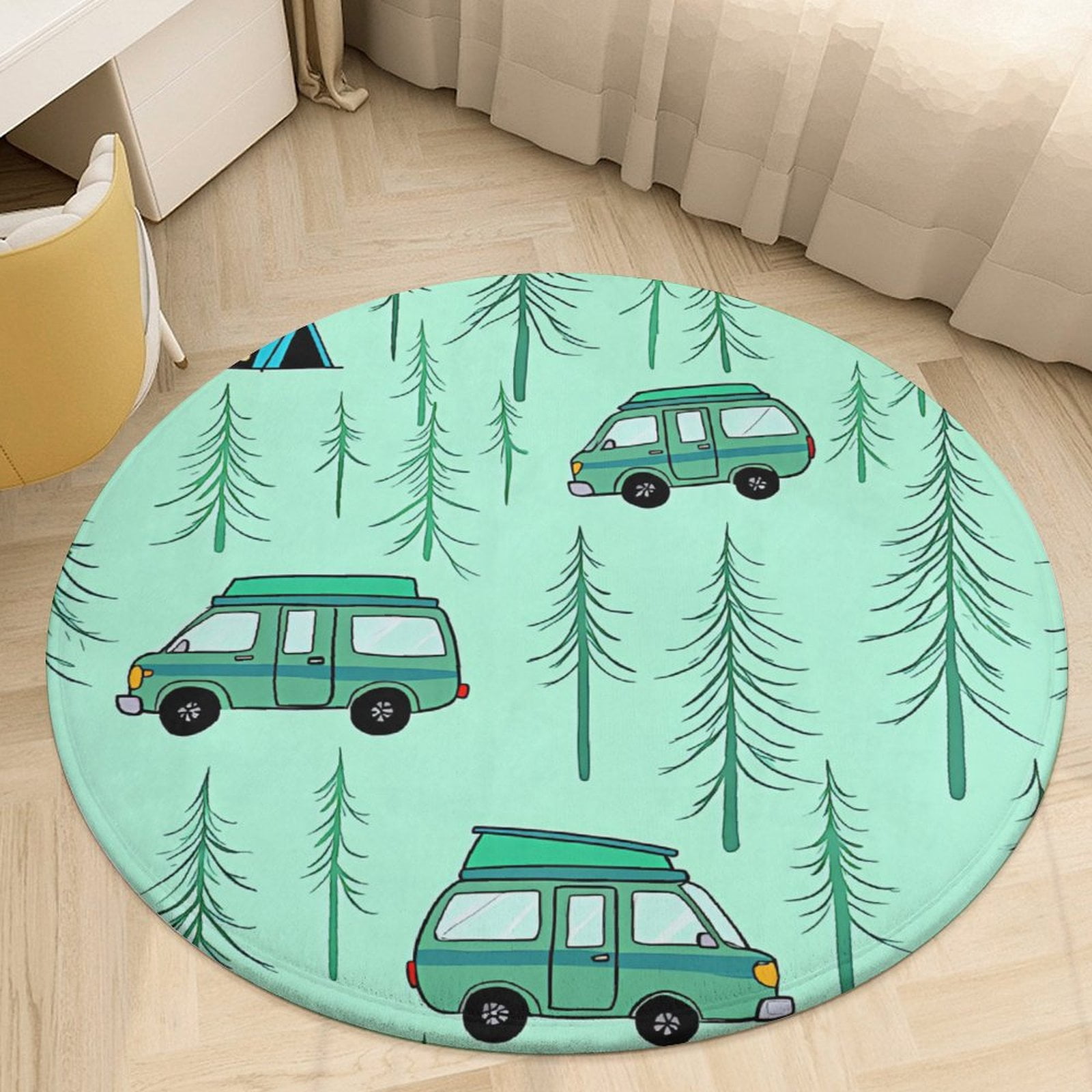Cartoon Colorful Camper Vans Fire Trucks Round Area Rugs for Bedroom ...
