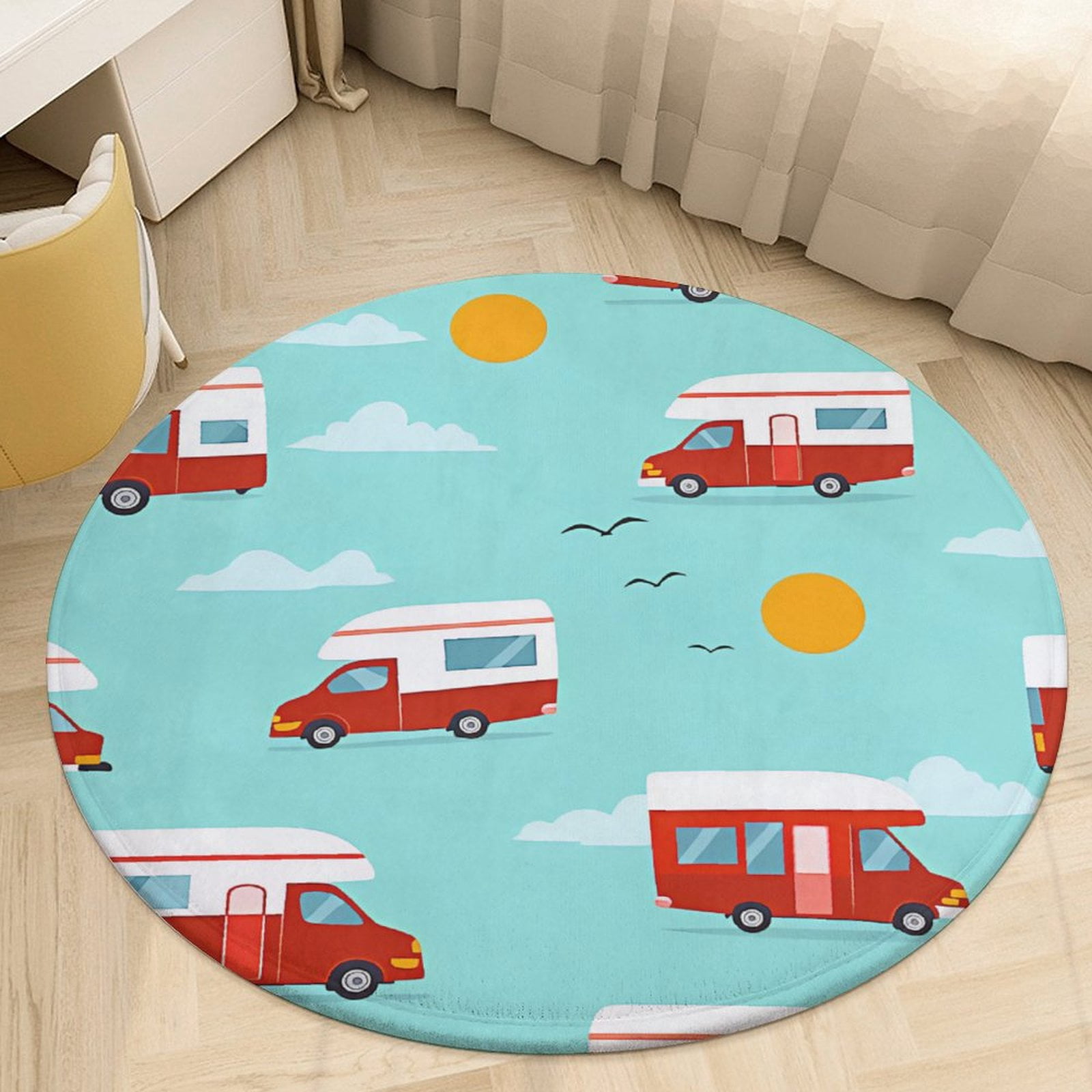 Cartoon Colorful Camper Vans Fire Trucks Round Area Rugs for Bedroom ...