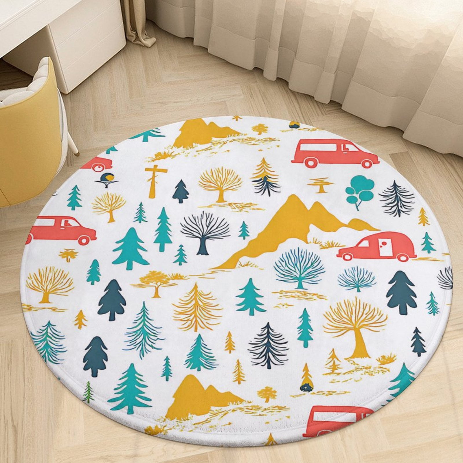Cartoon Colorful Camper Vans Fire Trucks Round Area Rugs for Bedroom ...