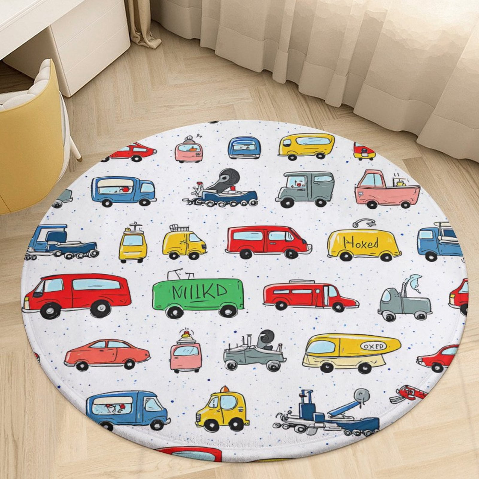 Cartoon Colorful Camper Vans Fire Trucks Round Area Rugs for Bedroom ...