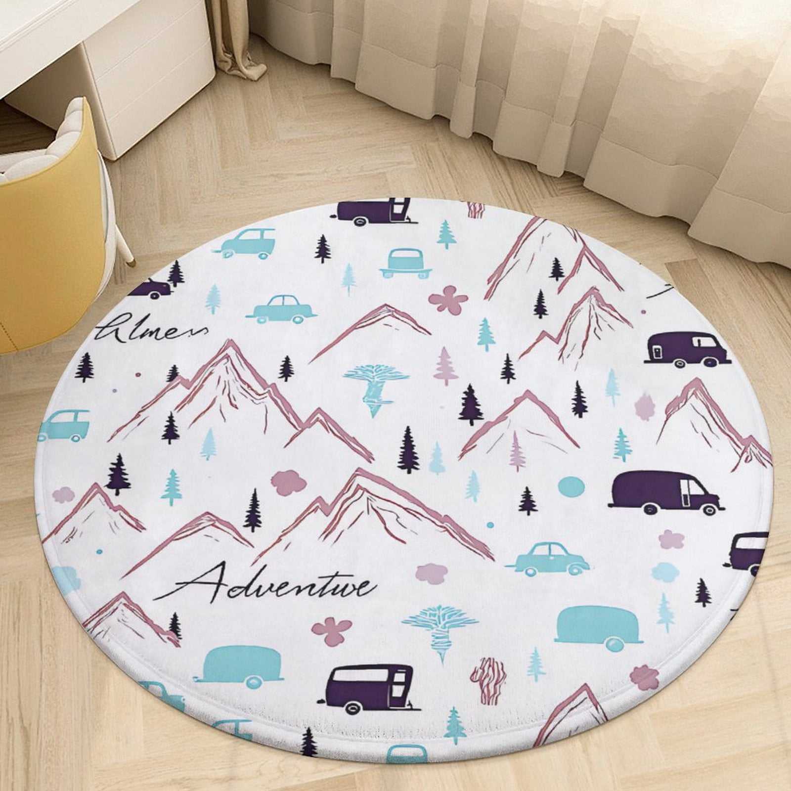 Cartoon Colorful Camper Vans Fire Trucks Round Area Rugs for Bedroom ...