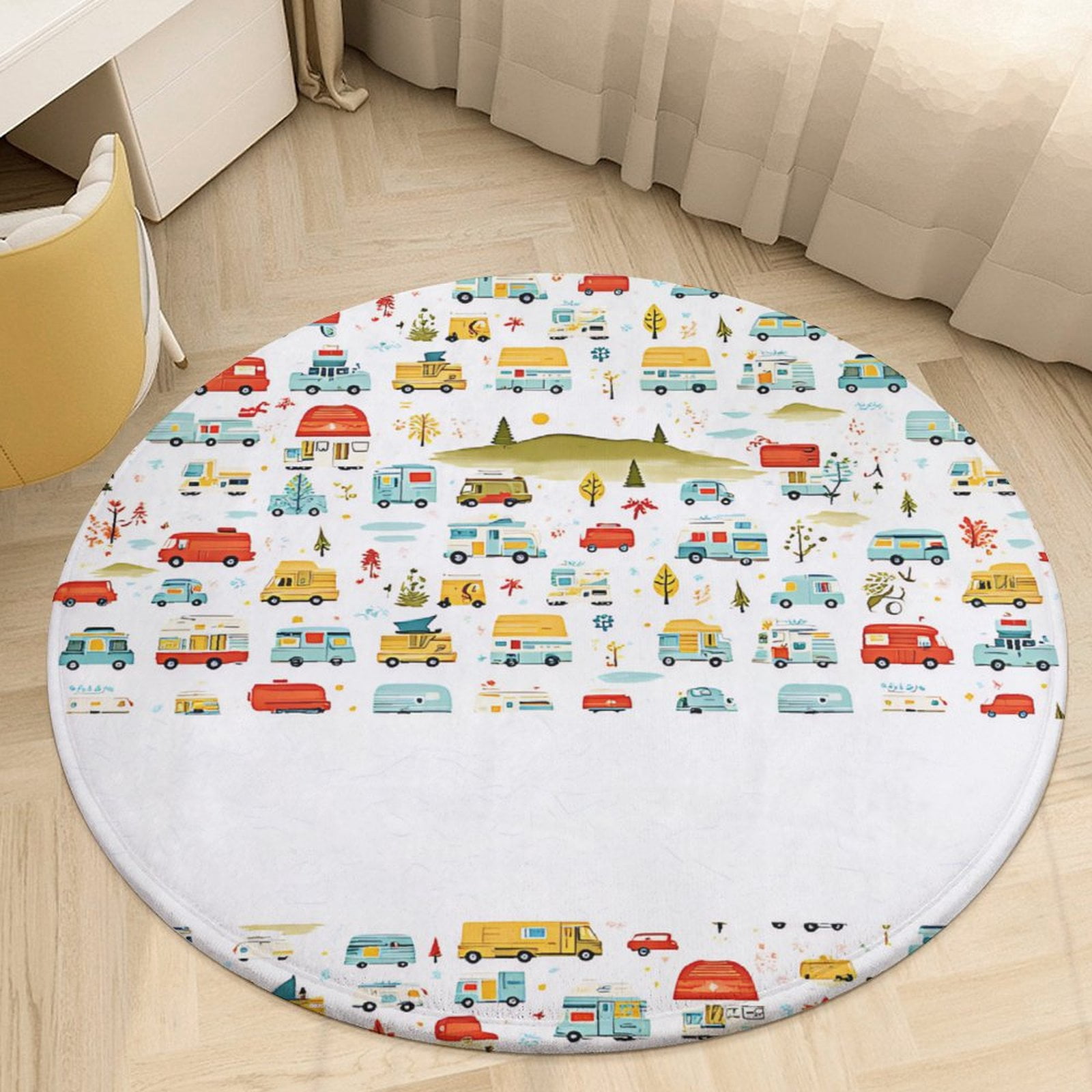 Cartoon Colorful Camper Vans Fire Trucks Round Area Rugs for Bedroom ...