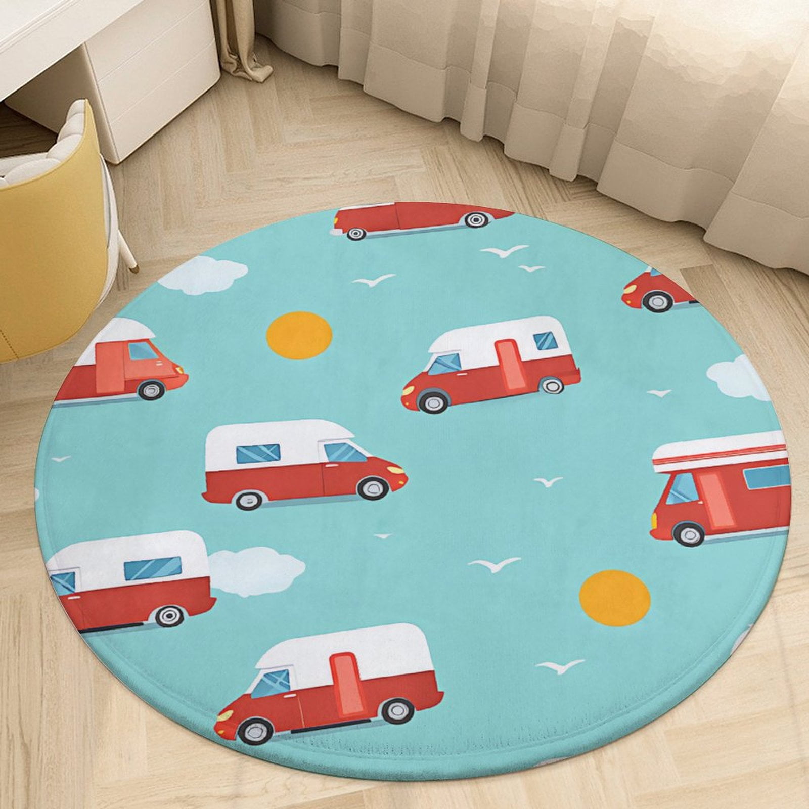 Cartoon Colorful Camper Vans Fire Trucks Round Area Rugs for Bedroom ...