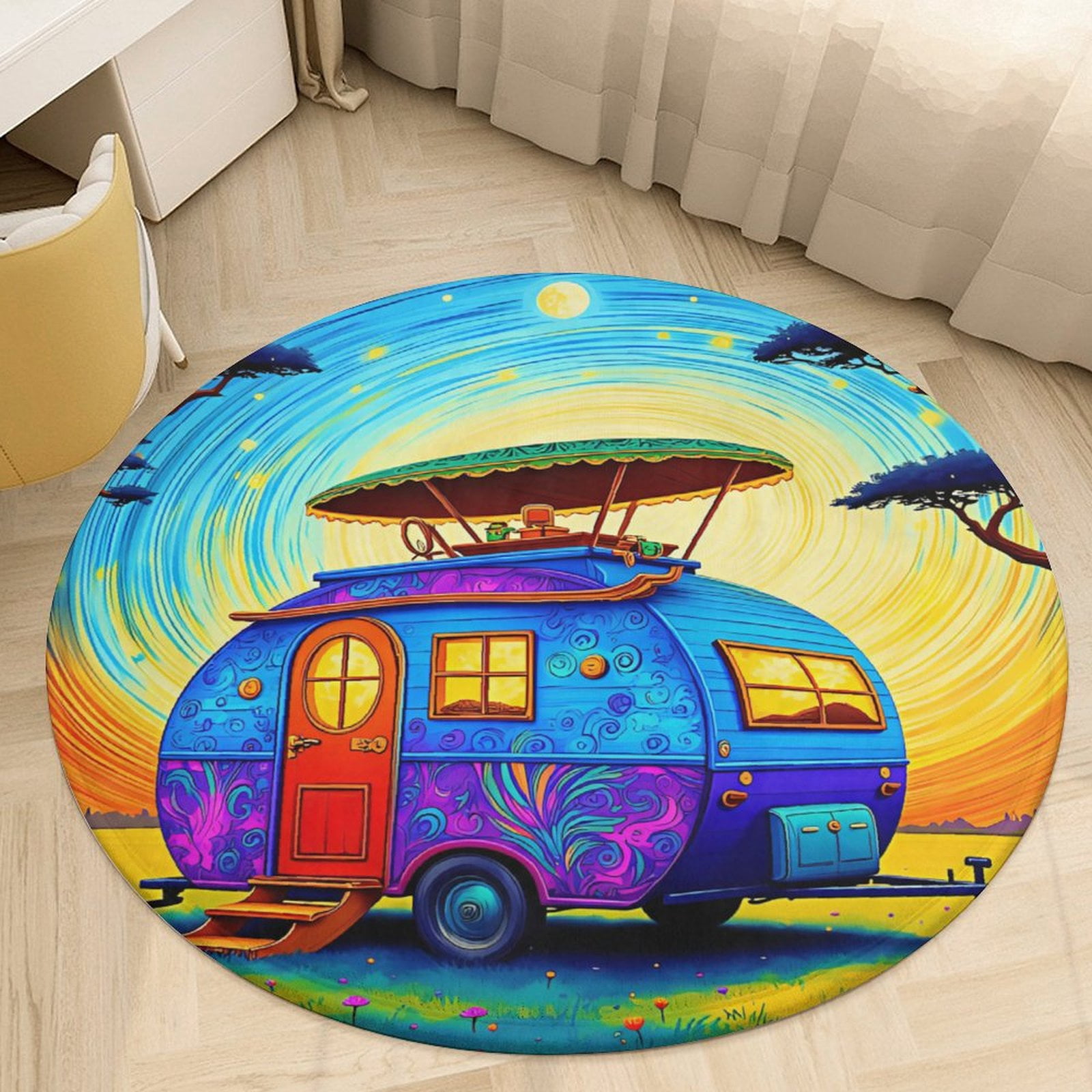 Cartoon Colorful Camper Vans Fire Trucks Round Area Rugs for Bedroom ...