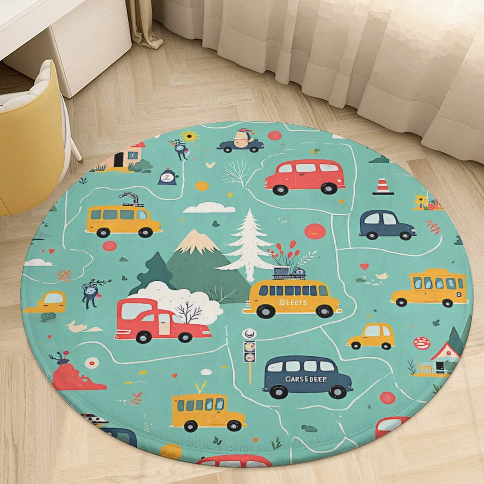 Cartoon Colorful Camper Vans Fire Trucks Round Area Rugs for Bedroom ...