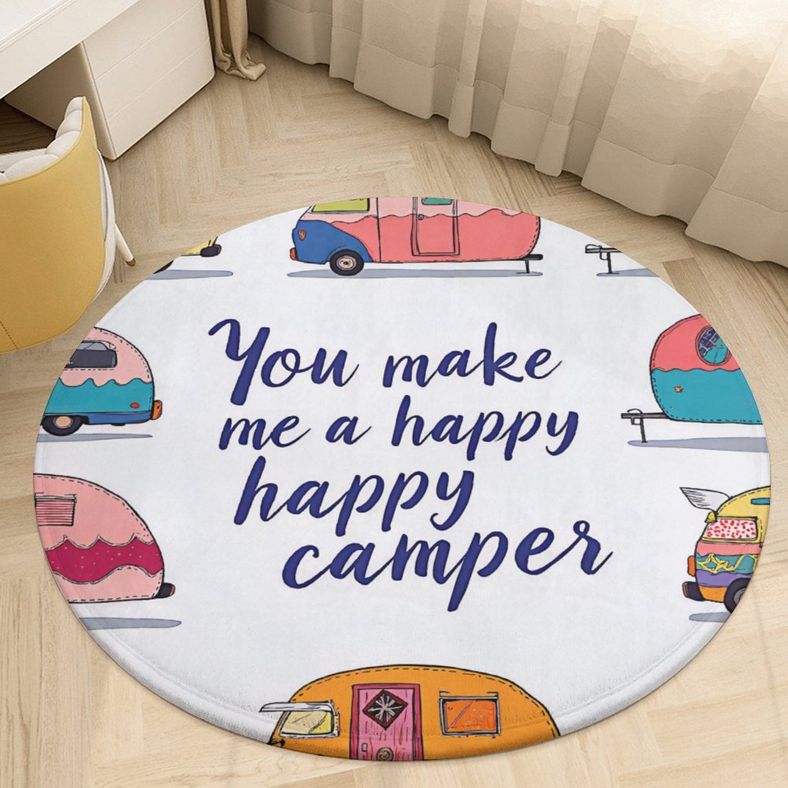 Cartoon Colorful Camper Vans Fire Trucks Round Area Rugs for Bedroom ...