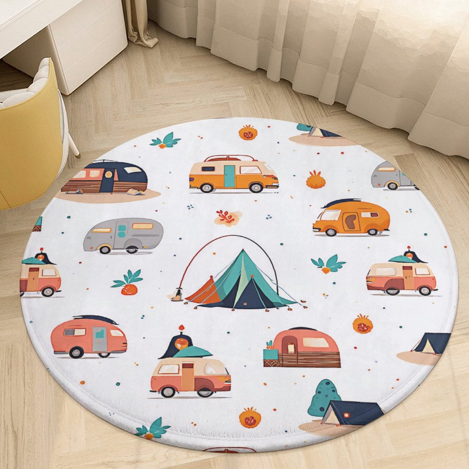 Cartoon Colorful Camper Vans Fire Trucks Round Area Rugs for Bedroom ...