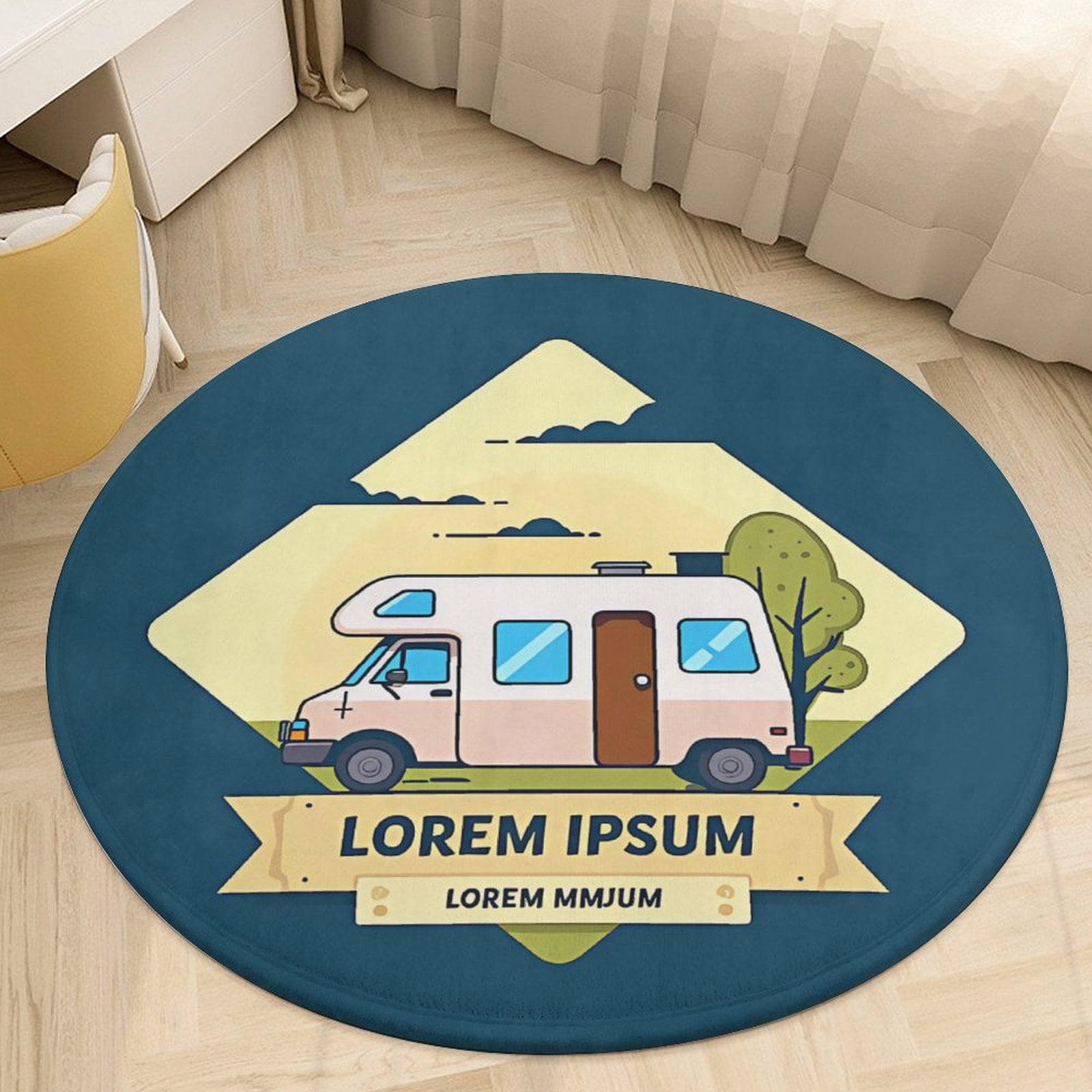 Cartoon Colorful Camper Vans Fire Trucks Round Area Rugs for Bedroom ...