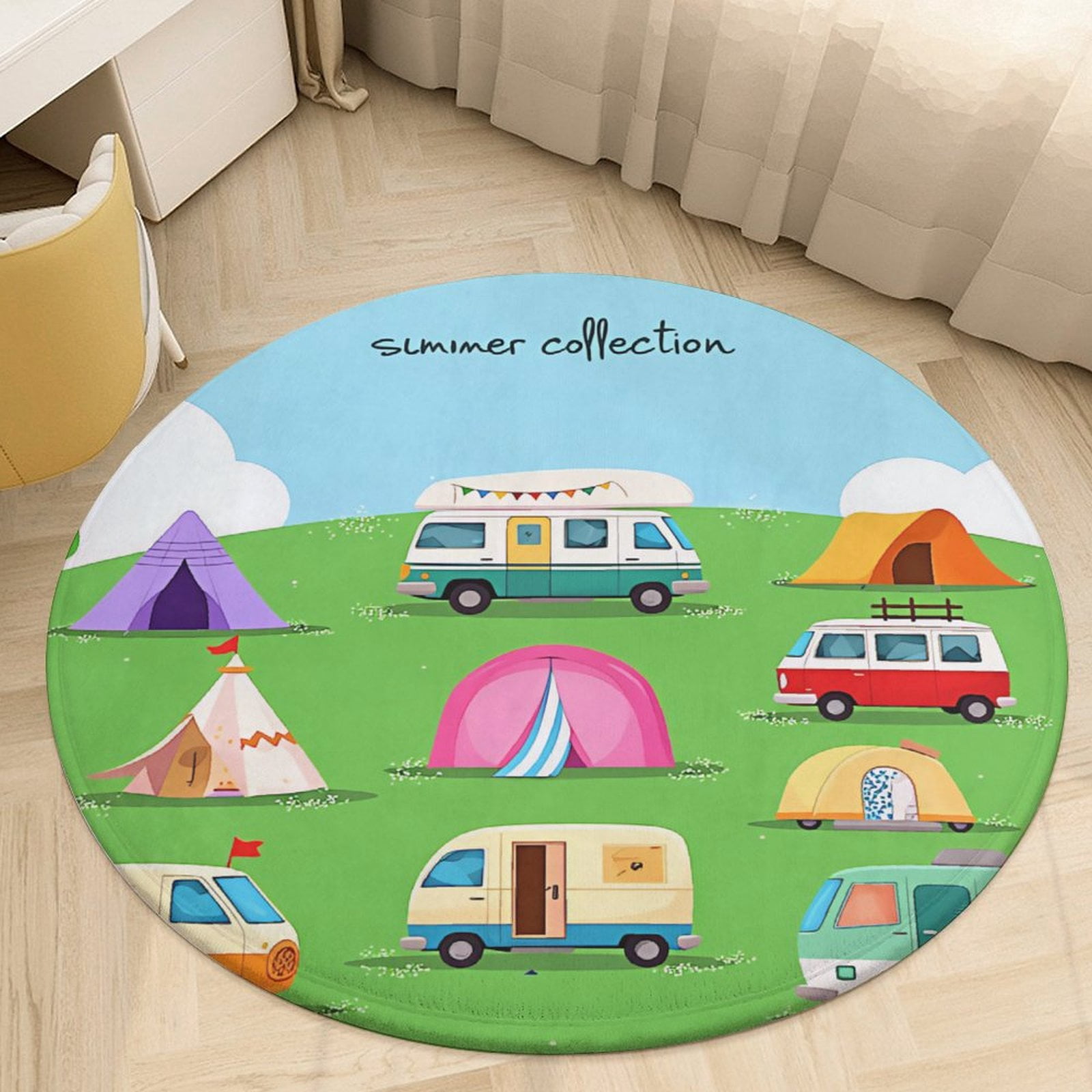 Cartoon Colorful Camper Vans Fire Trucks Round Area Rugs for Bedroom ...