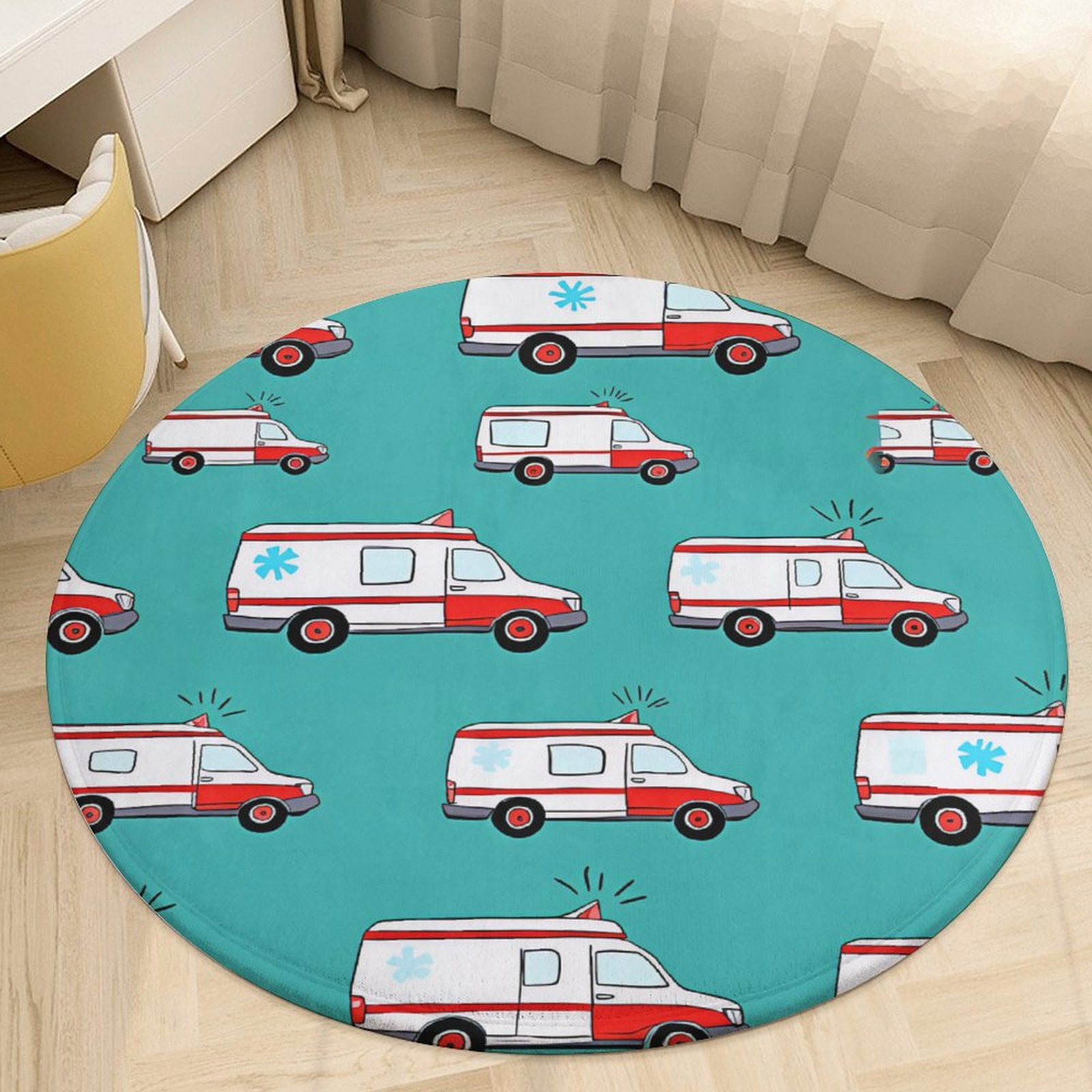 Cartoon Colorful Camper Vans Fire Trucks Round Area Rugs for Bedroom ...