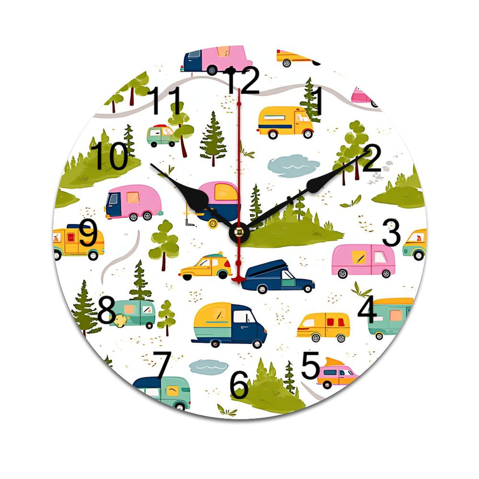 Cartoon Colorful Camper Vans Fire Trucks Word Saying Big Wall Clock ...
