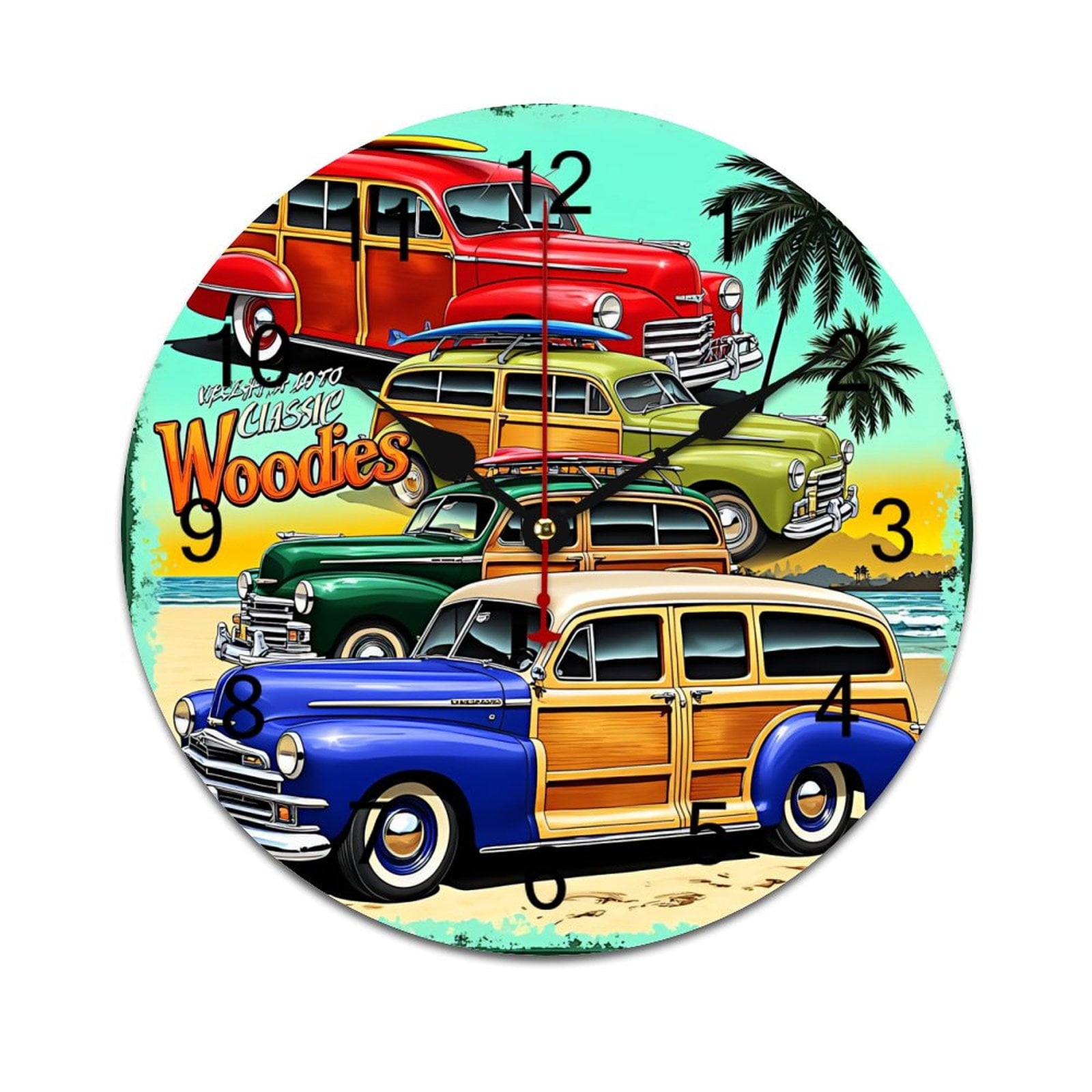 Cartoon Colorful Camper Vans Fire Trucks Word Saying Big Wall Clock ...