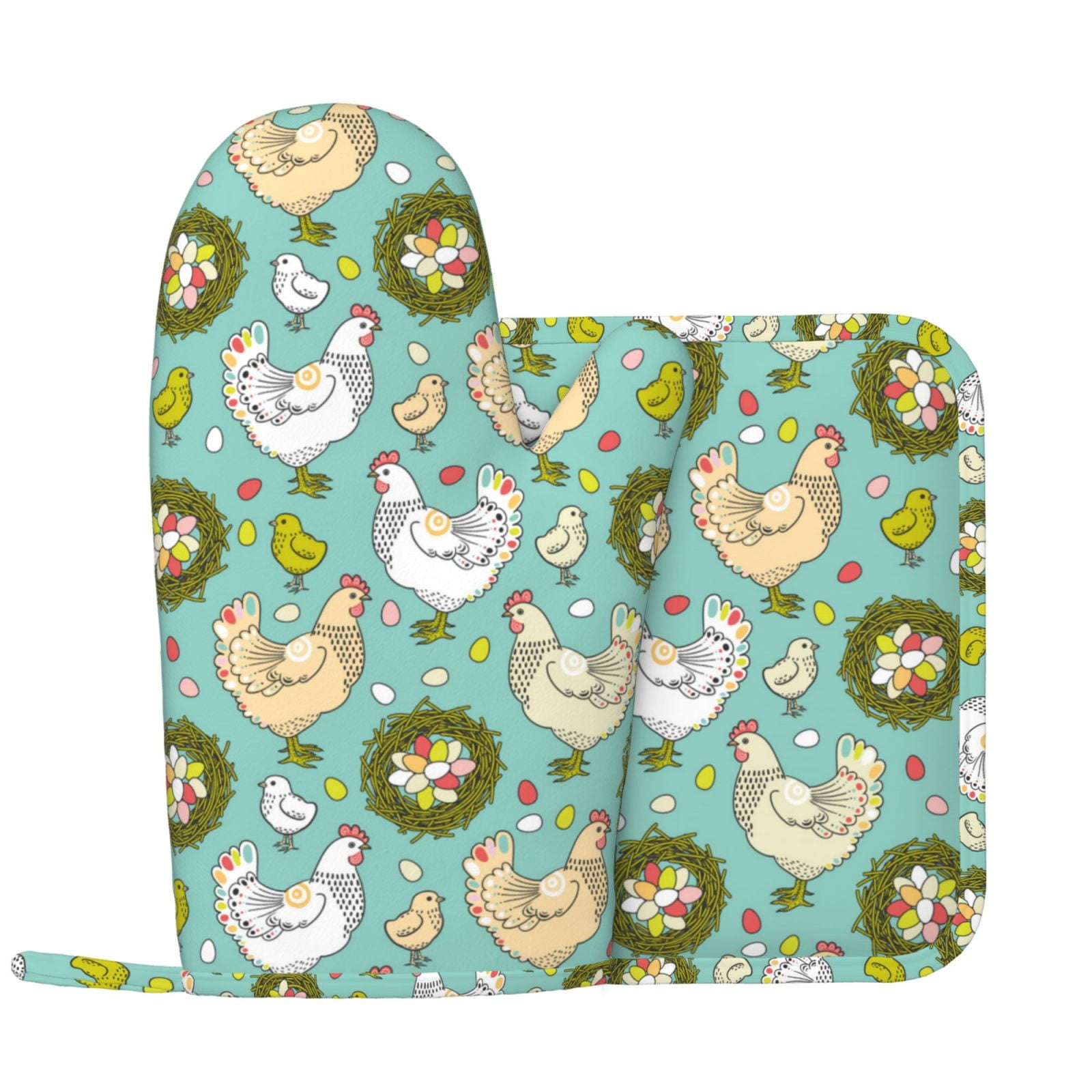 Cartoon Colorful Cute Chicken Oven Mitts and Pot Holders Sets with 1 ...