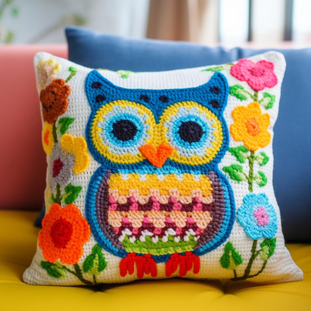 Cartoon Colorful Cute Owl Latch Hook kits Pillow Printed Canvas Cushion ...